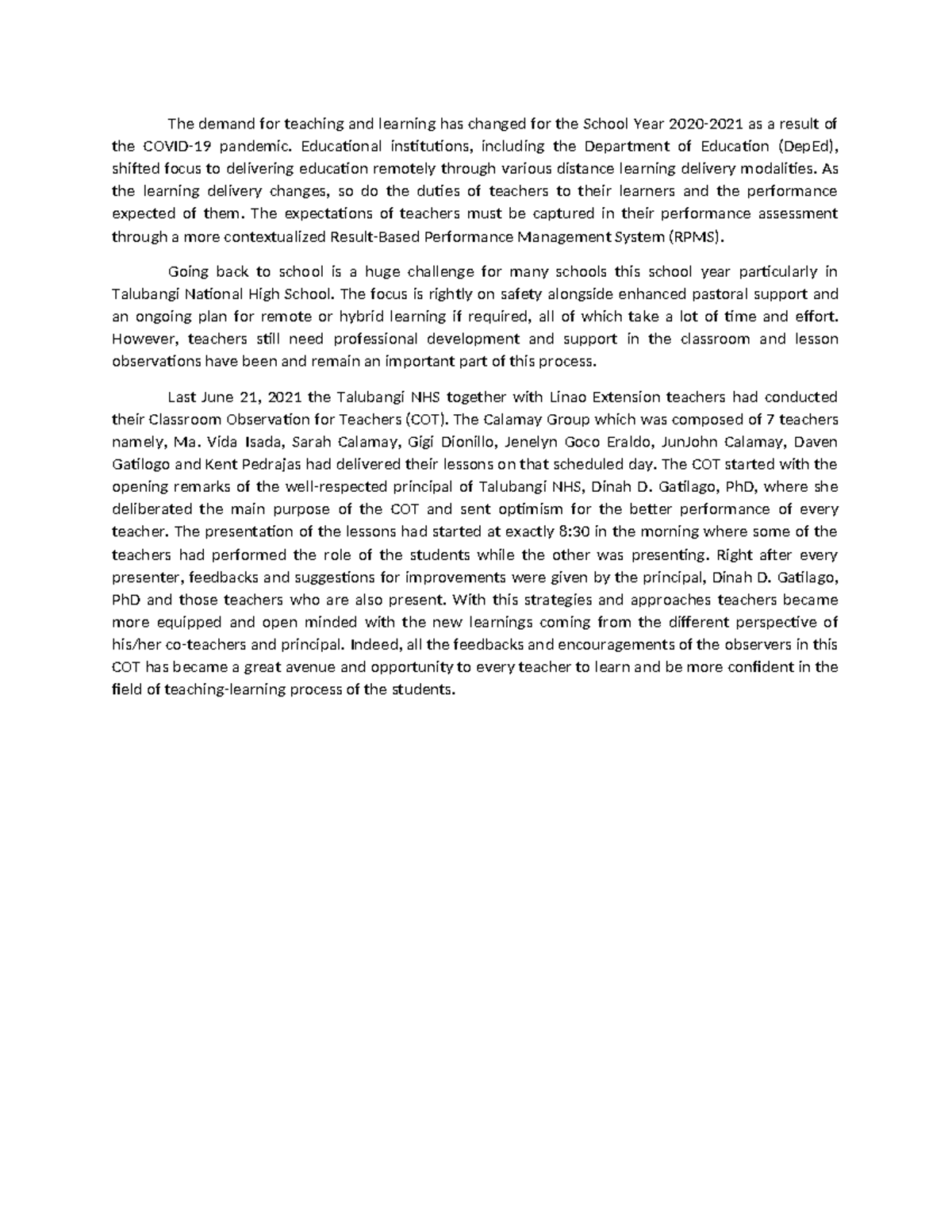 COT Narrative Clamay Group - The demand for teaching and learning has ...