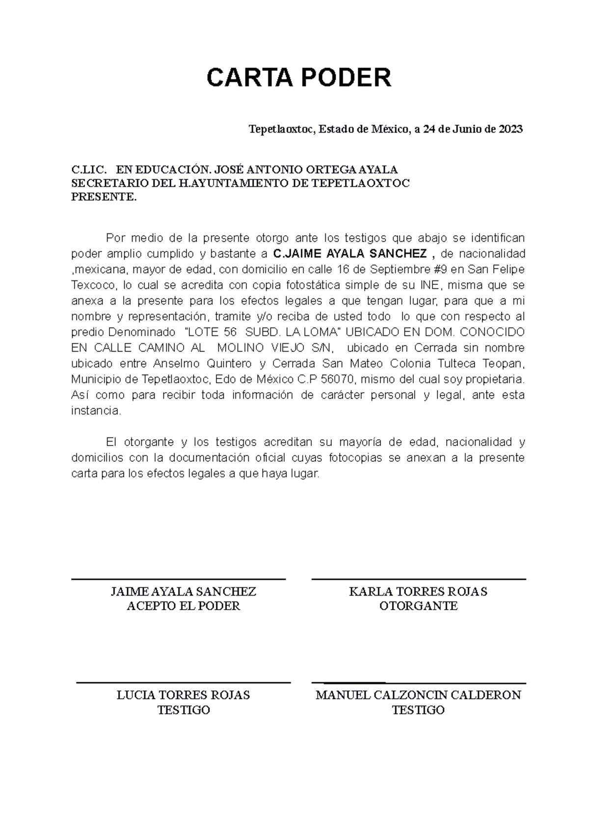 Formato Cartapoder - CARTA PODER Tepetlaoxtoc, Estado de México, a 24 ...