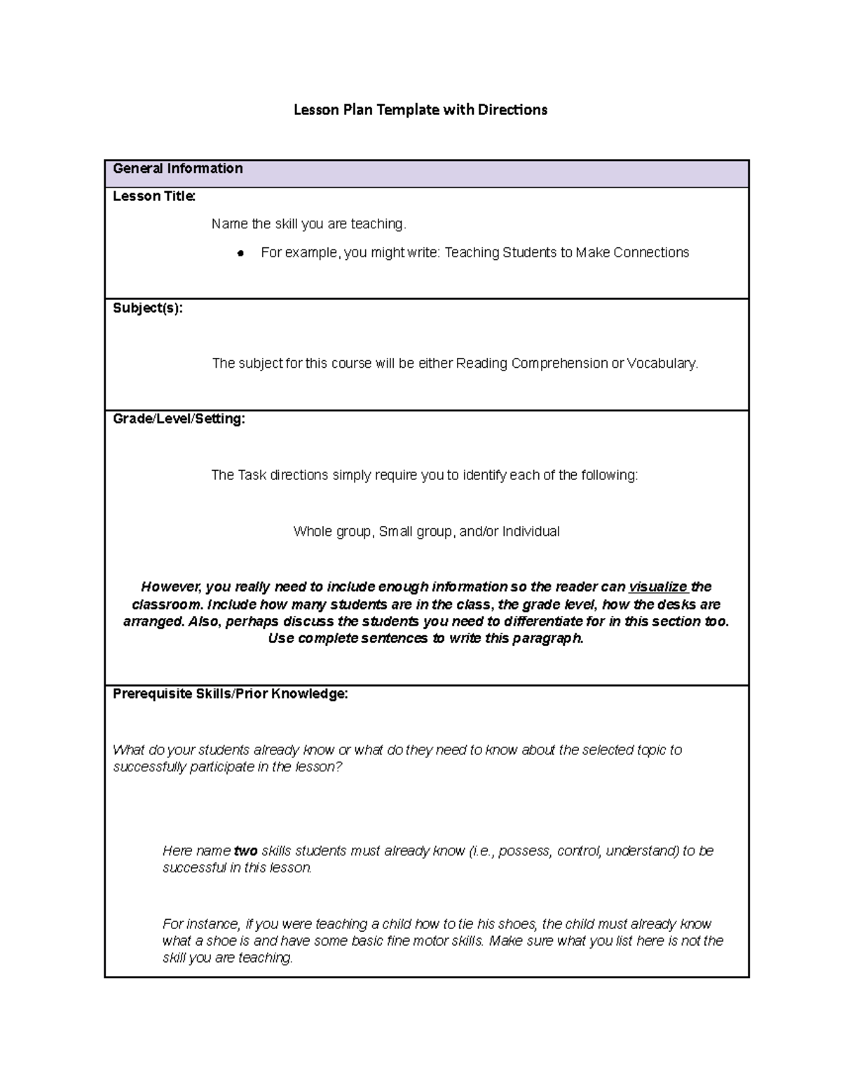 Lesson Plan Template with Directions - Lesson Plan Template with ...