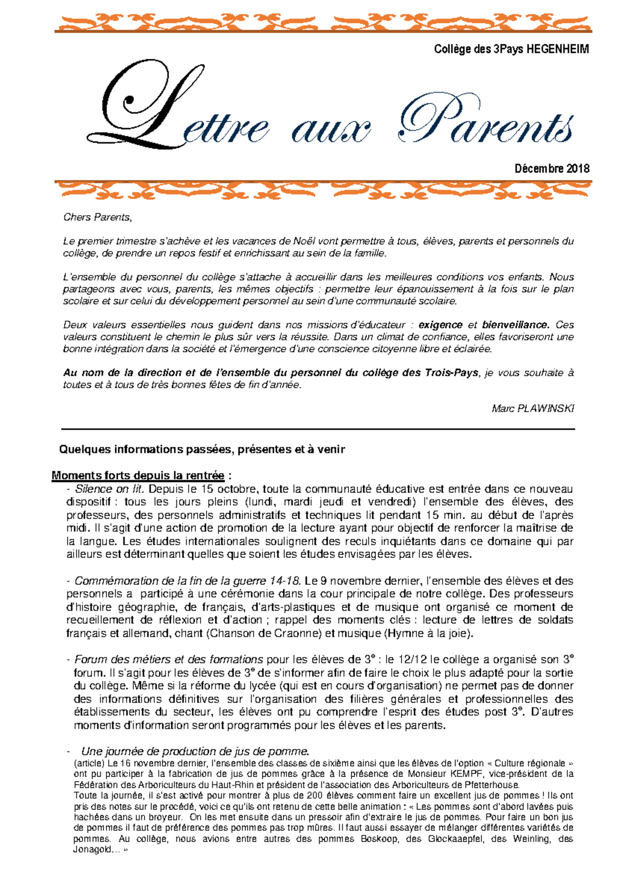 2018-12 Lettres aux parents - Chers Parents, Le premier trimestre s ...