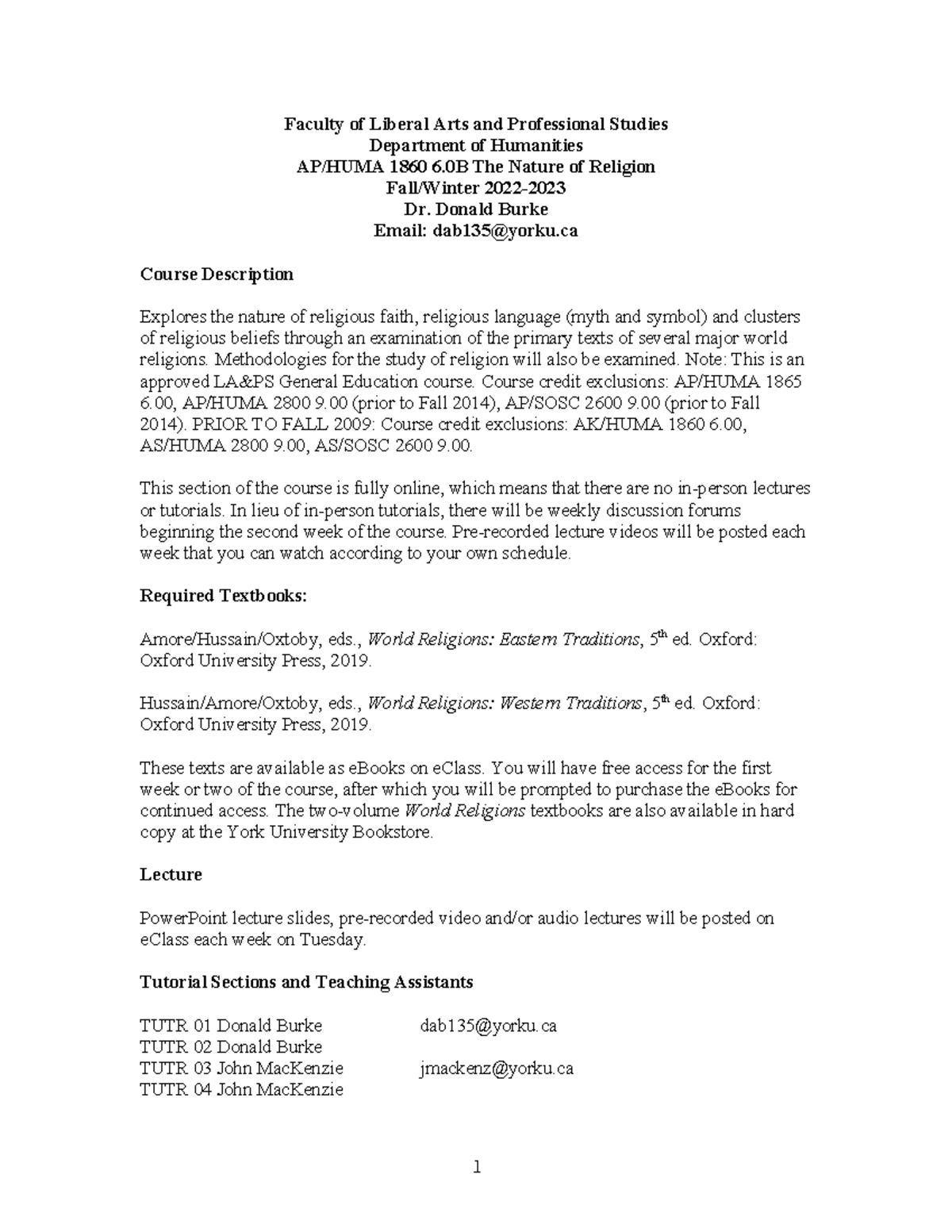 Course Syllabus - Faculty of Liberal Arts and Professional Studies ...