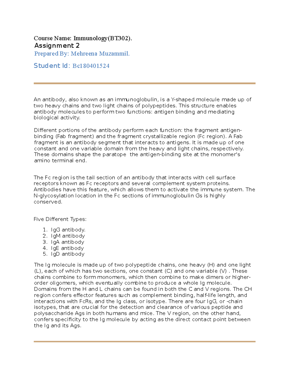 Bc180401524 - regarding biotechnology. - Course Name: Immunology(BT302). Assignment 2 Prepared ...