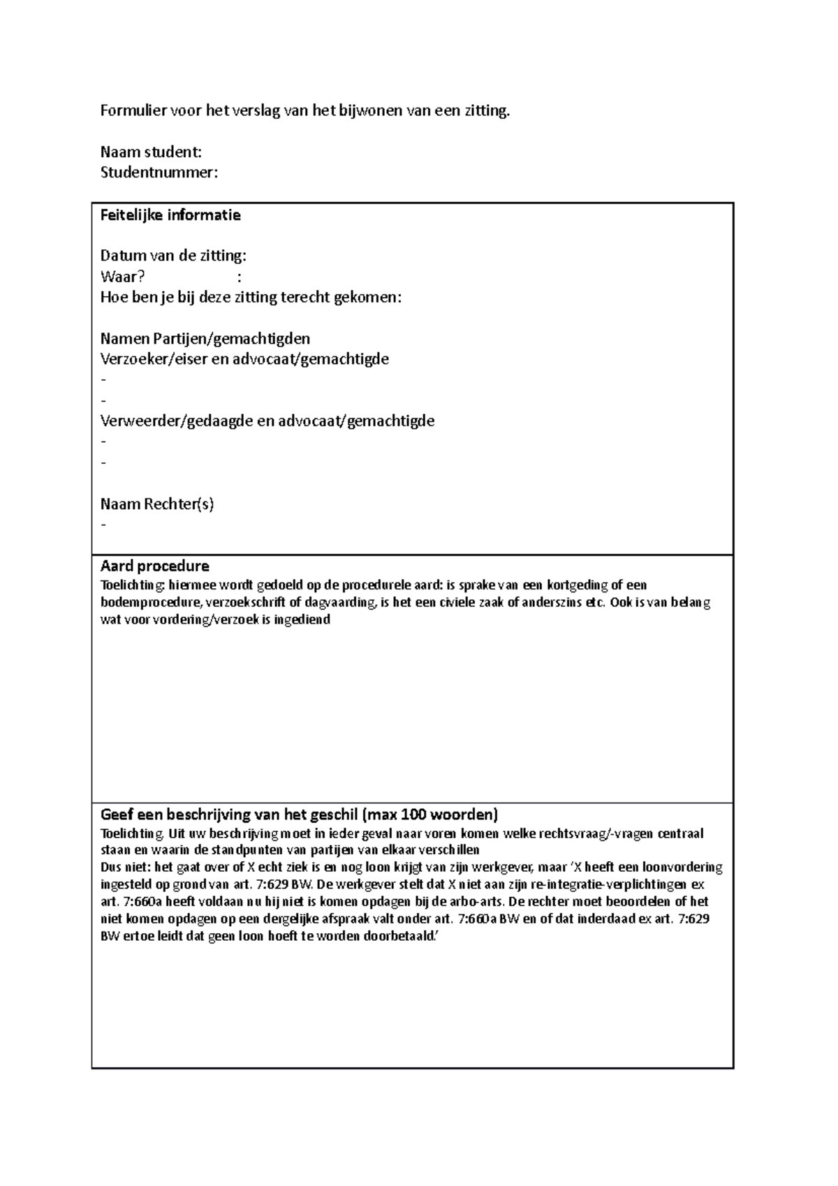 Formulier voor het verslag van het bijwonen van een zitting - Naam ...