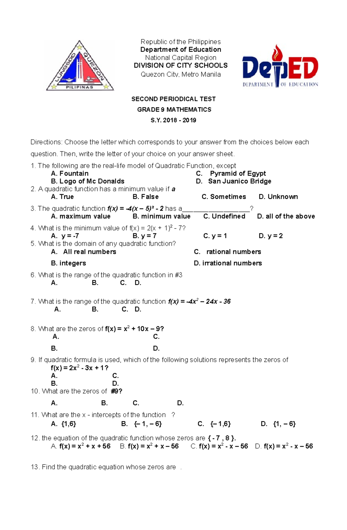 2018-2019- Second- Periodical-TEST - SECOND PERIODICAL TEST GRADE 9 ...