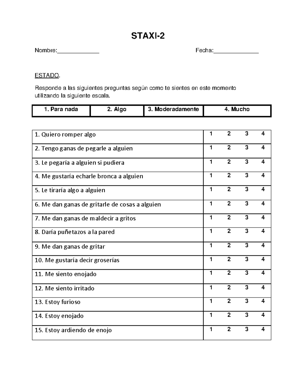 Staxi-2 - STAXI-2 - Nombre:_____________ Fecha:______________ ESTADO ...
