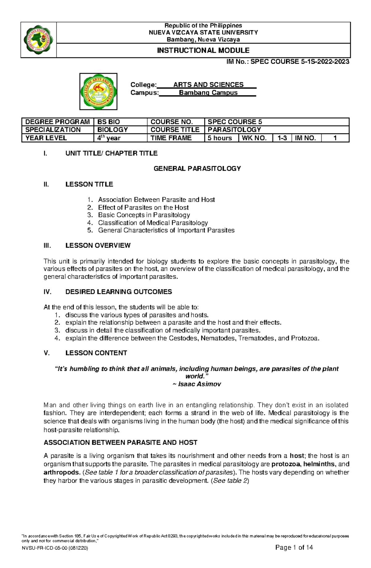 Chapter 1 General Parasitology - NUEVA VIZCAYA STATE UNIVERSITY Bambang ...
