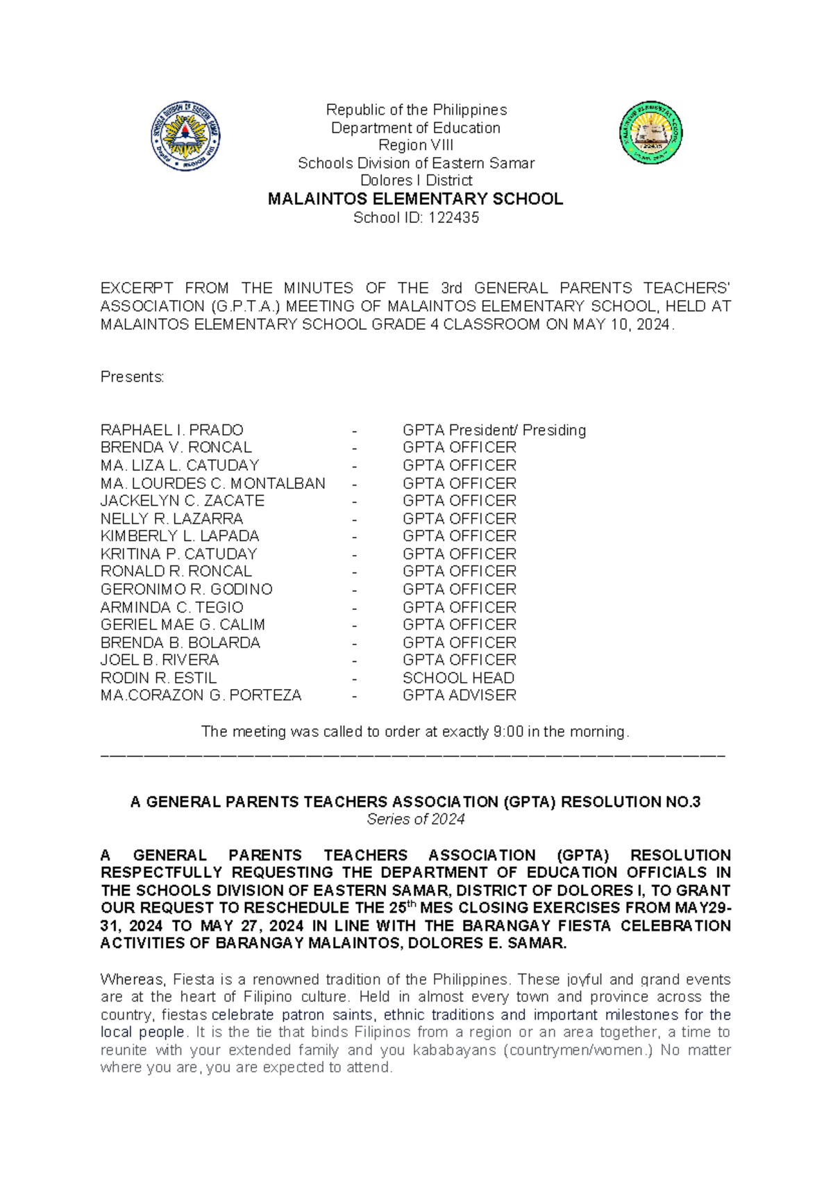Gpta resolution closing - Republic of the Philippines Department of ...