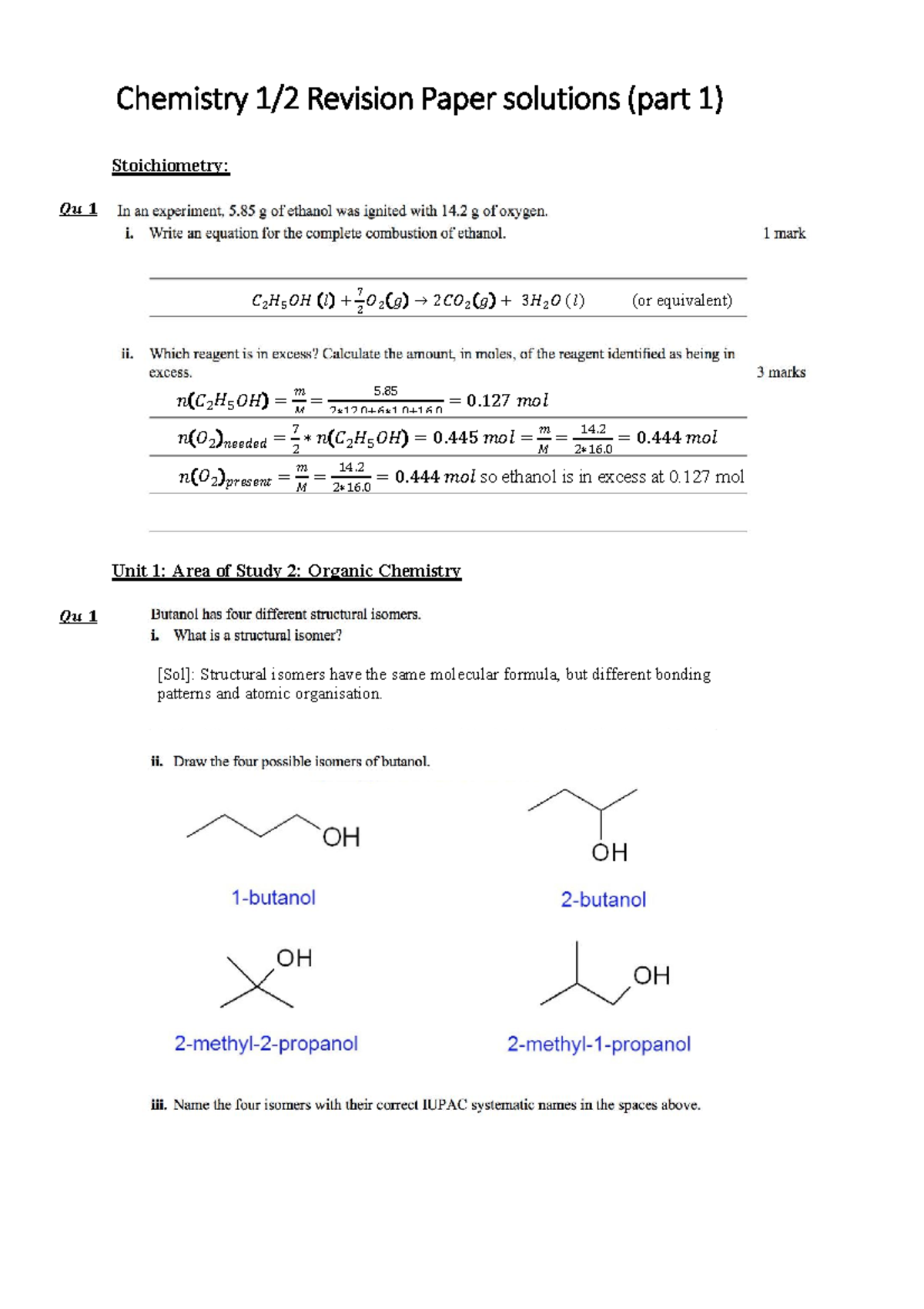 Exam 2020, questions and answers - Warning: TT: undefined function: 32 Stoichiometry: Unit 1 ...