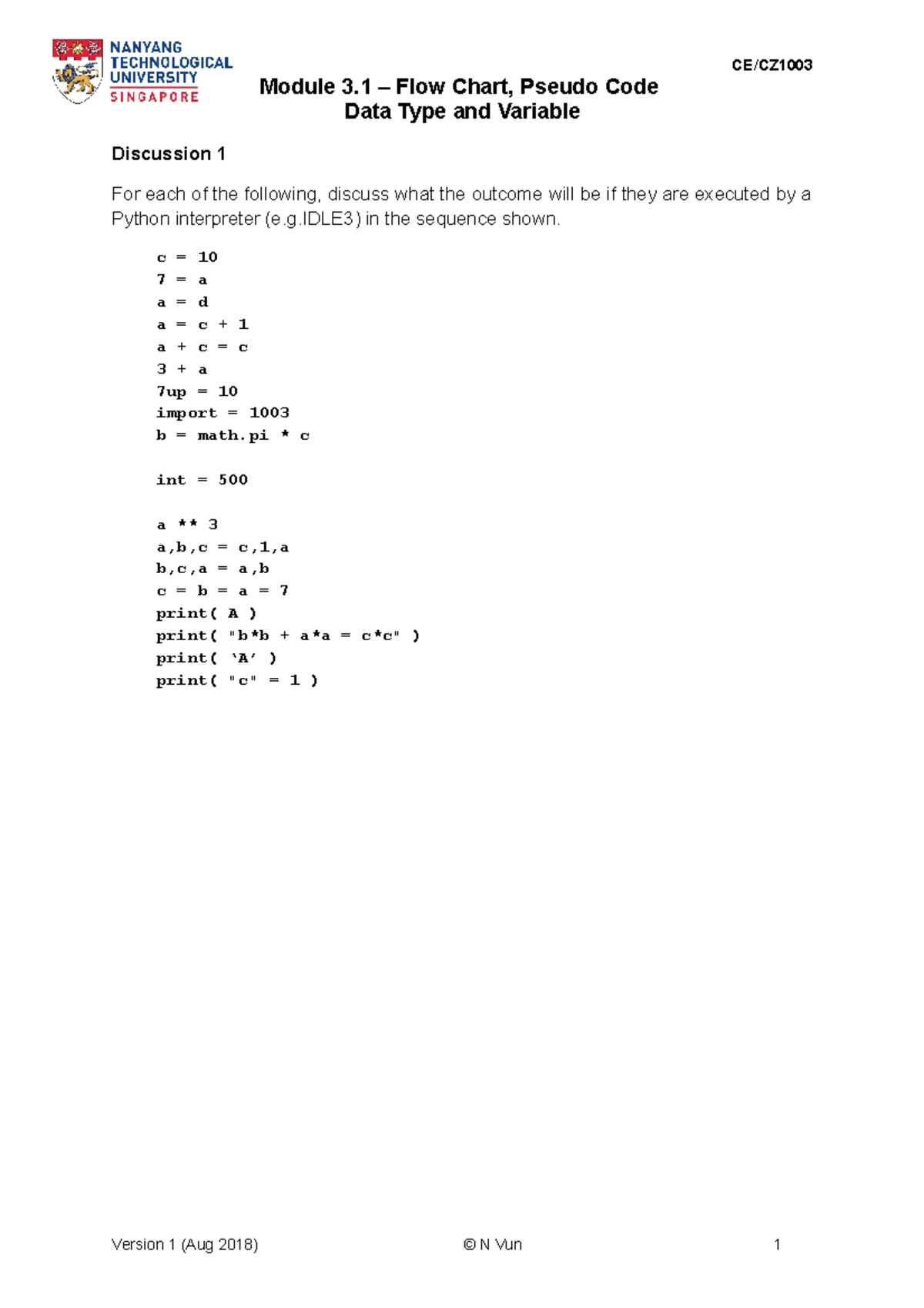 Discussion Qn 1 Question Cecz Module 3 Flow Chart Pseudo Code Data Type And Variable