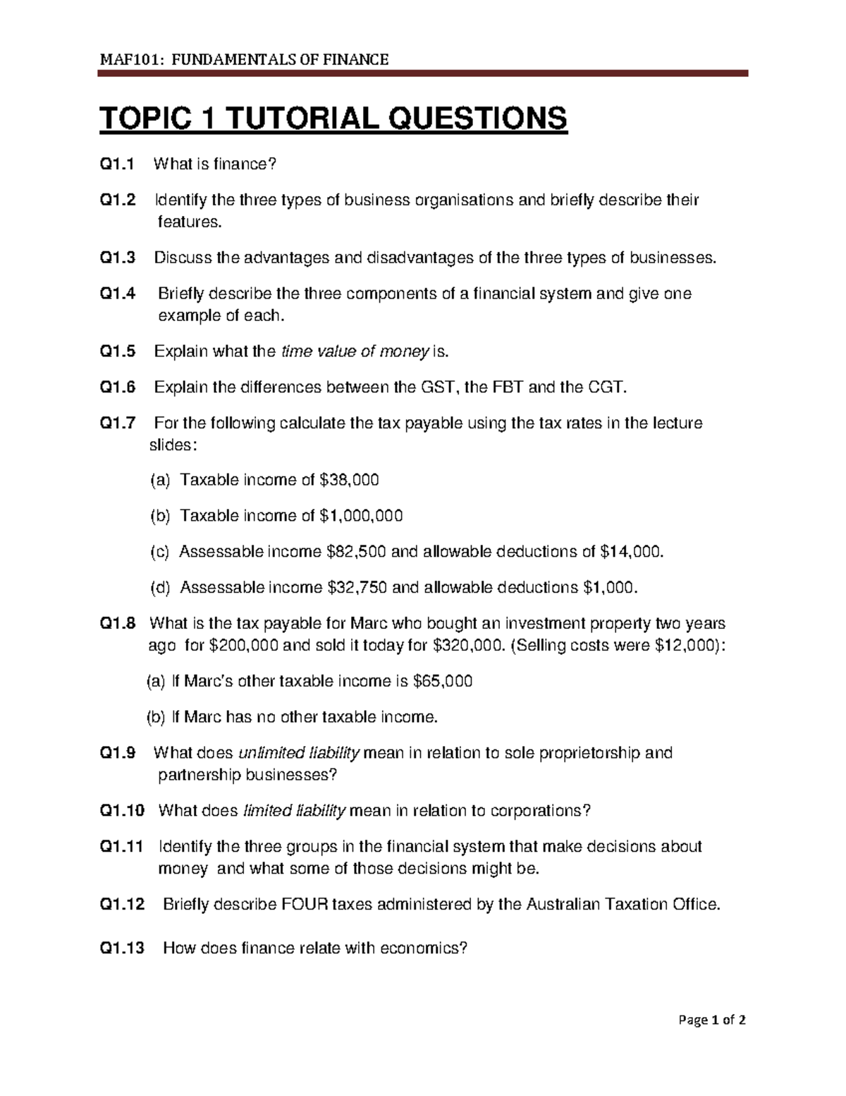 Tutorial work - 1 - Questions - MAF101: FUNDAMENTALS OF FINANCE Page 1 ...