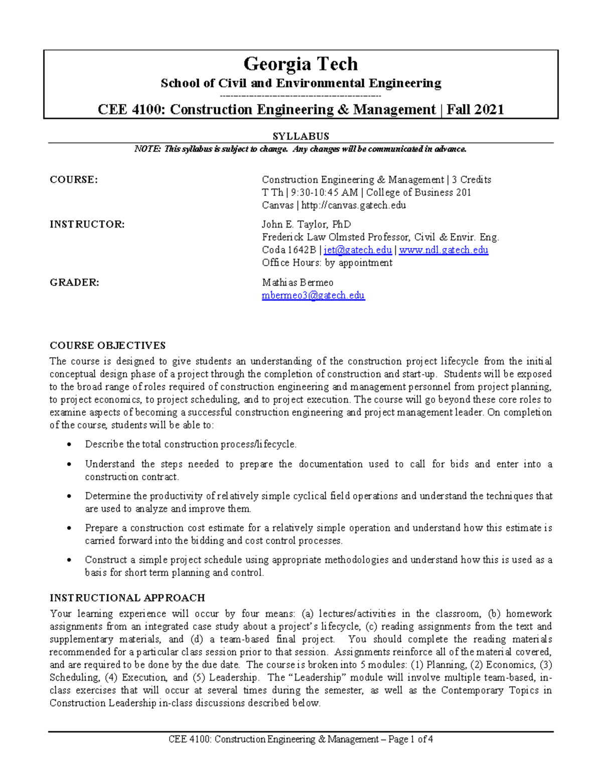 CEE 4100 Fall21 Syllabus 2021 - Georgia Tech School of Civil and ...