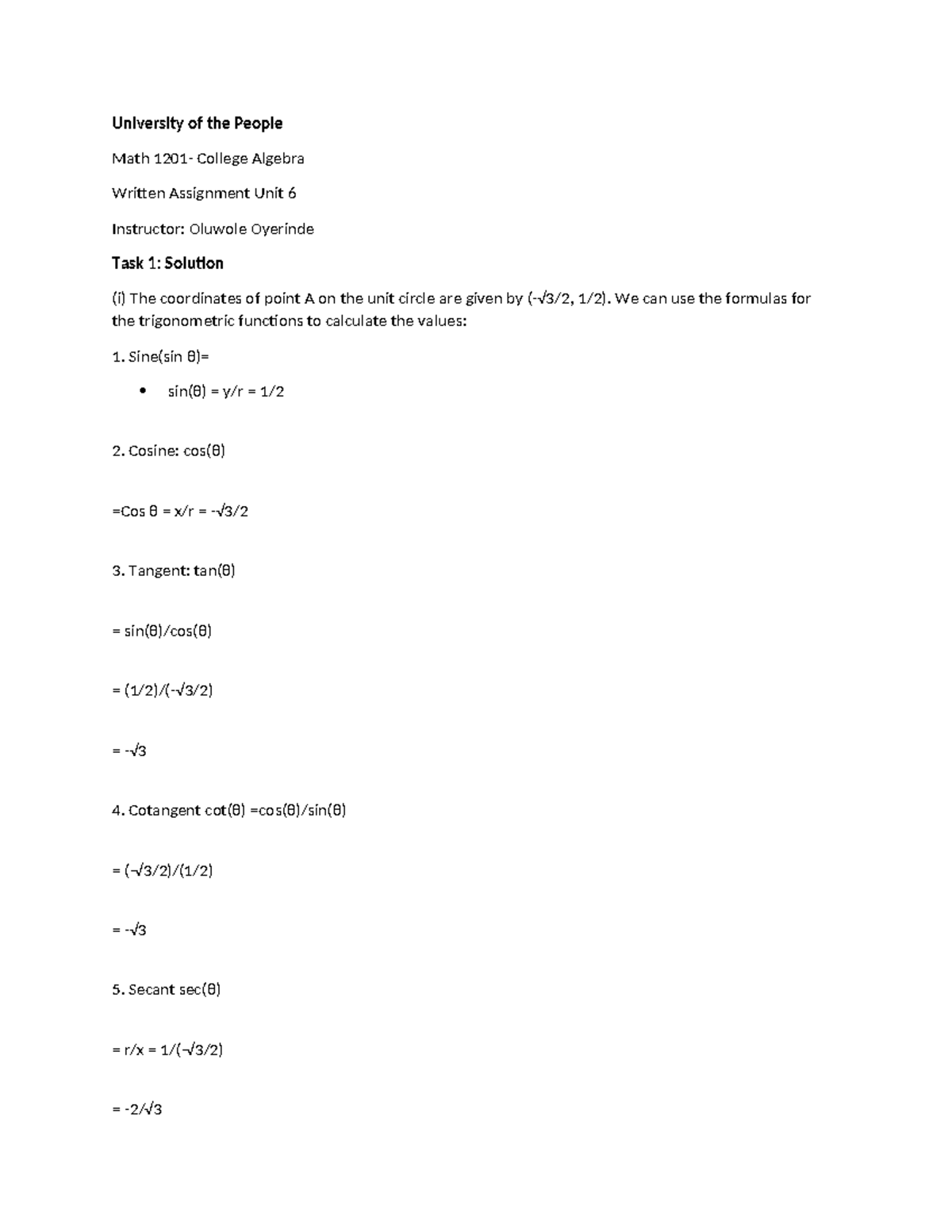 Math 1201-Written Assignment Unit 6 - University of the People Math ...