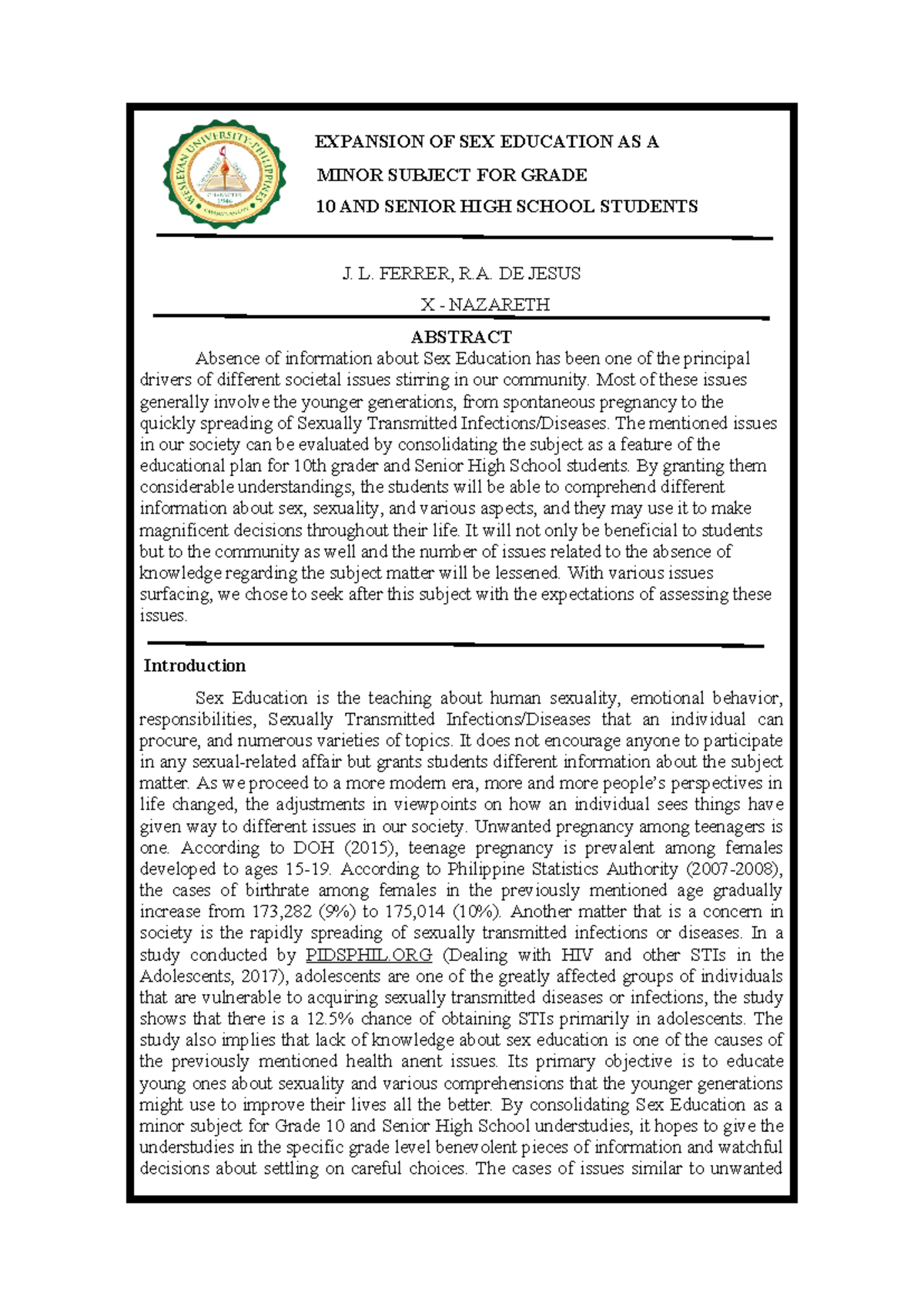 Research Paper(SEX EDUC) - EXPANSION OF SEX EDUCATION AS A MINOR ...