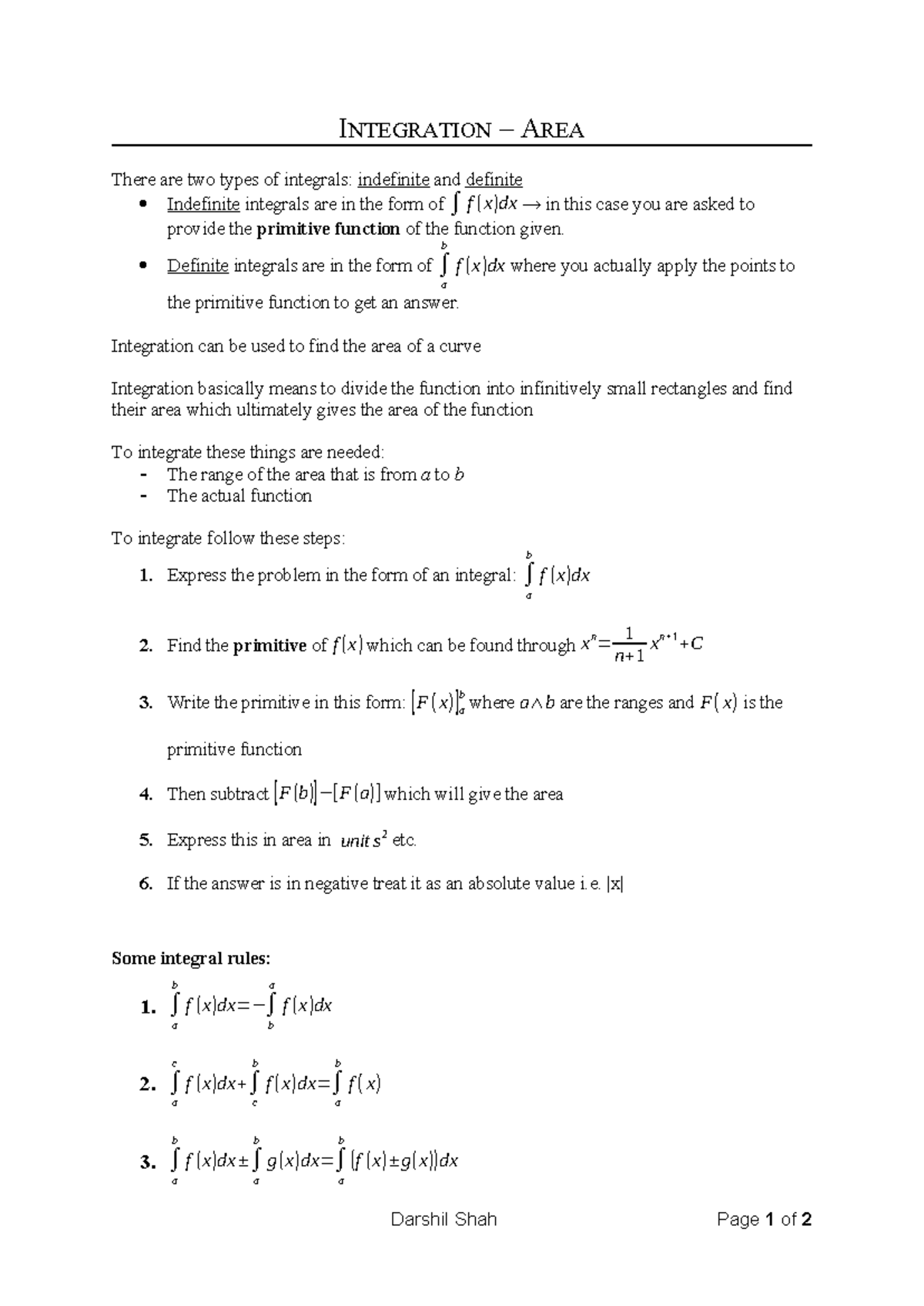 Maths 2 Unit Notes - Integration - INTEGRATION – AREA There are two ...