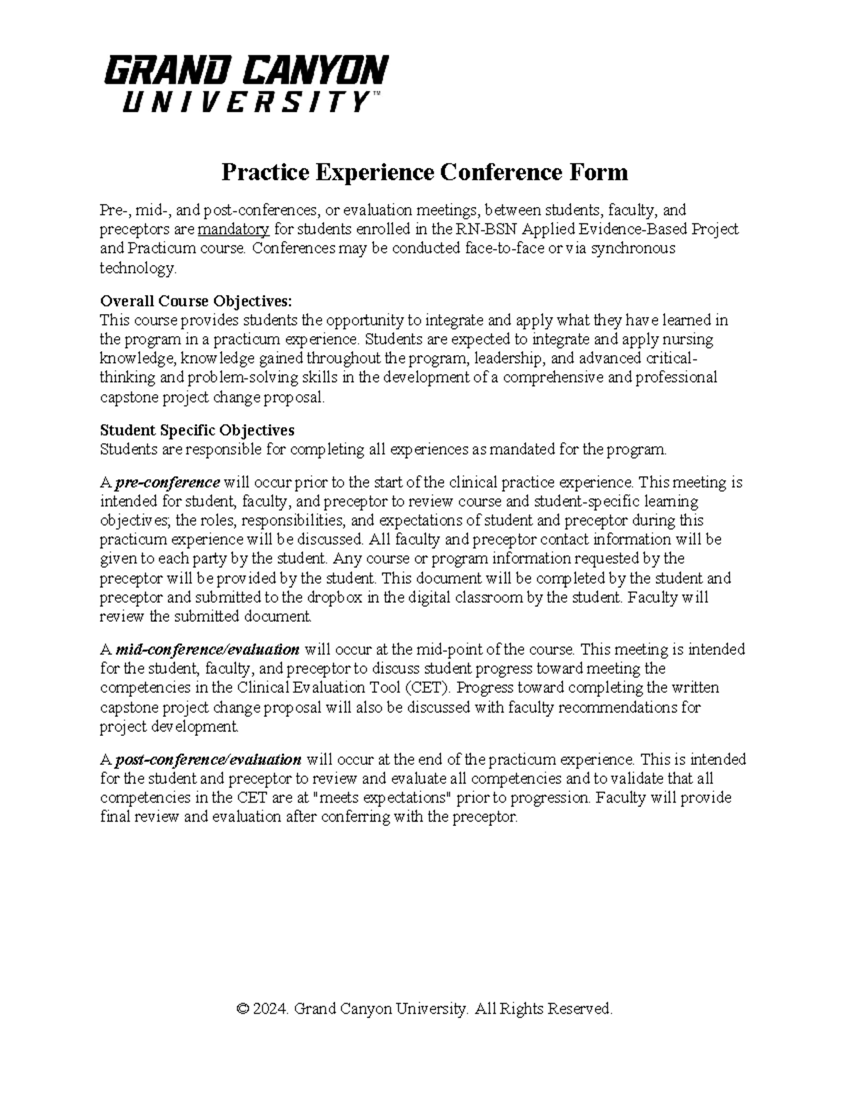 NRS 465 RS Practice Experience Conference Form - Practice Experience Conference Form Pre-, mid ...