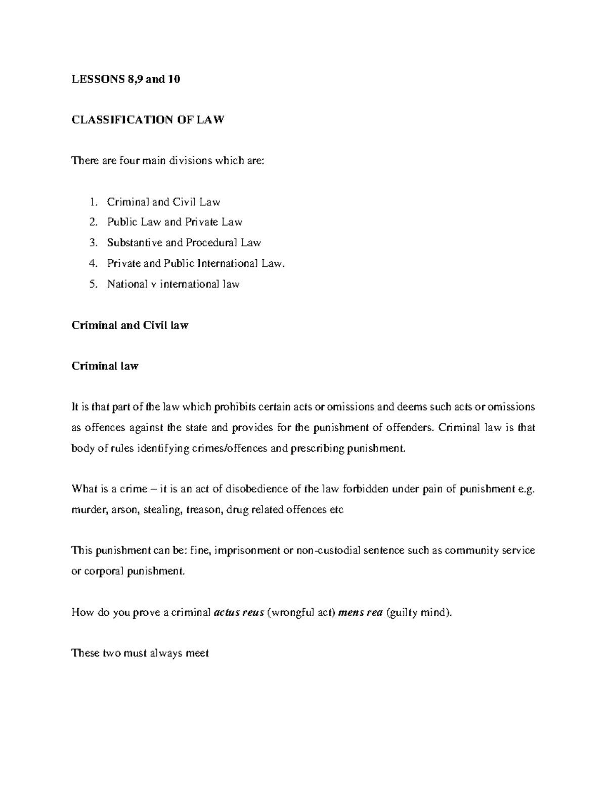 Introduction TO LAW L 1301 Lessons 8,9,10 - LESSONS 8,9 and 10 ...