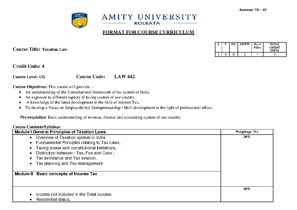 Taxation Law Syllabus - Summary Bachelors in law and management ...