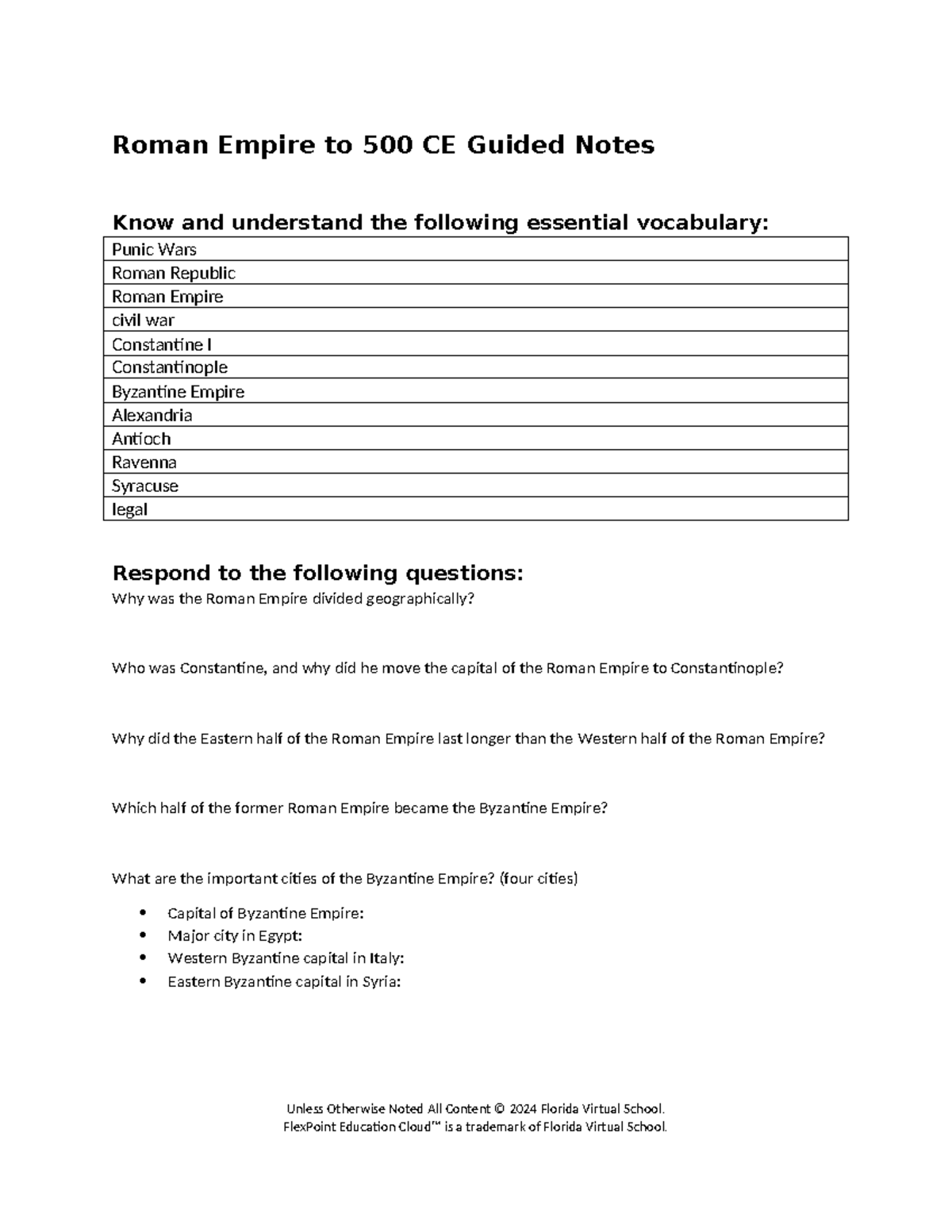 Roman empire guided notes - Roman Empire to 500 CE Guided Notes Know ...