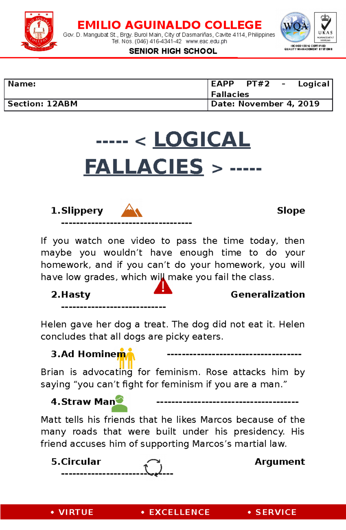 Logical Fallacies - Activity - SENIOR HIGH SCHOOL Name: EAPP PT#2 ...