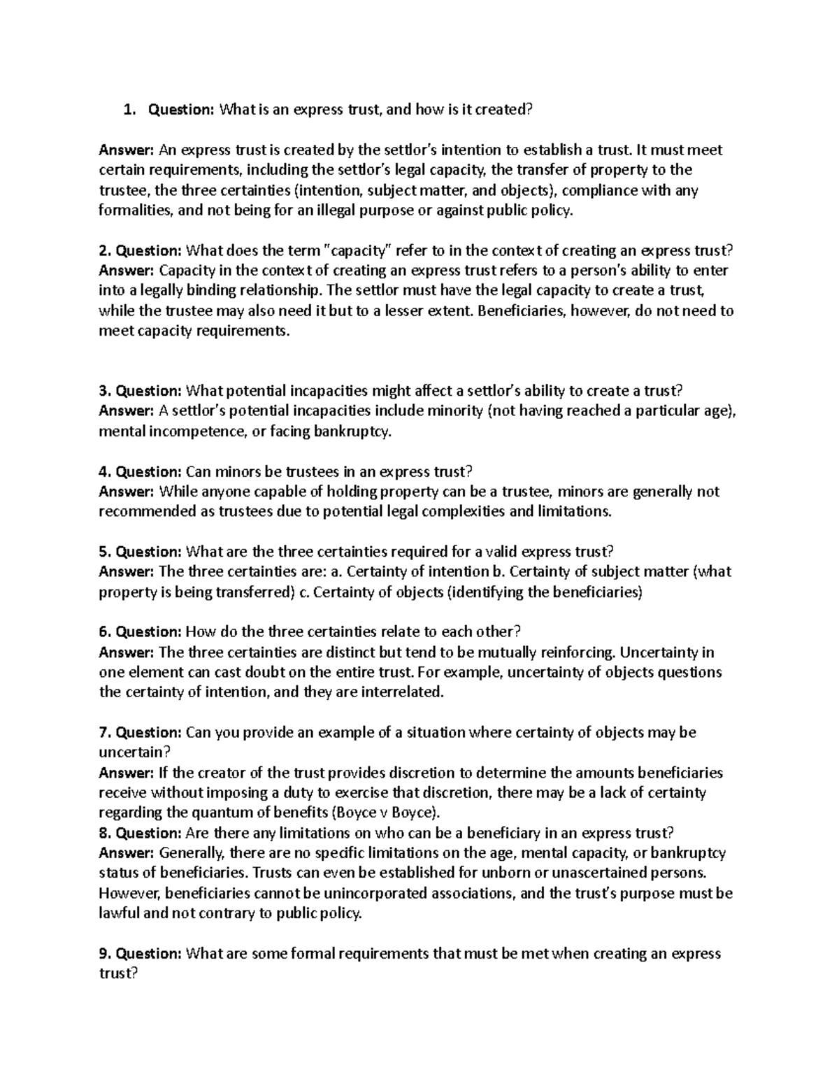 Trusts quicz questions - Question: What is an express trust, and how is ...