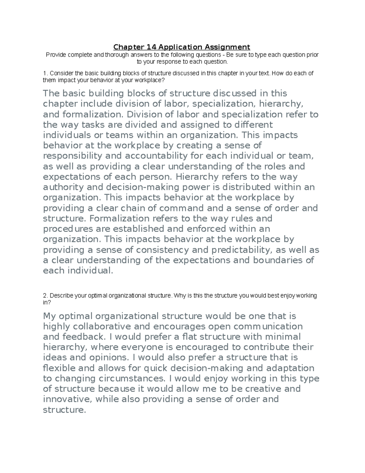 Chapter 14 Application Assignment - Organizational Behavior - Chapter 14 Application Assignment ...