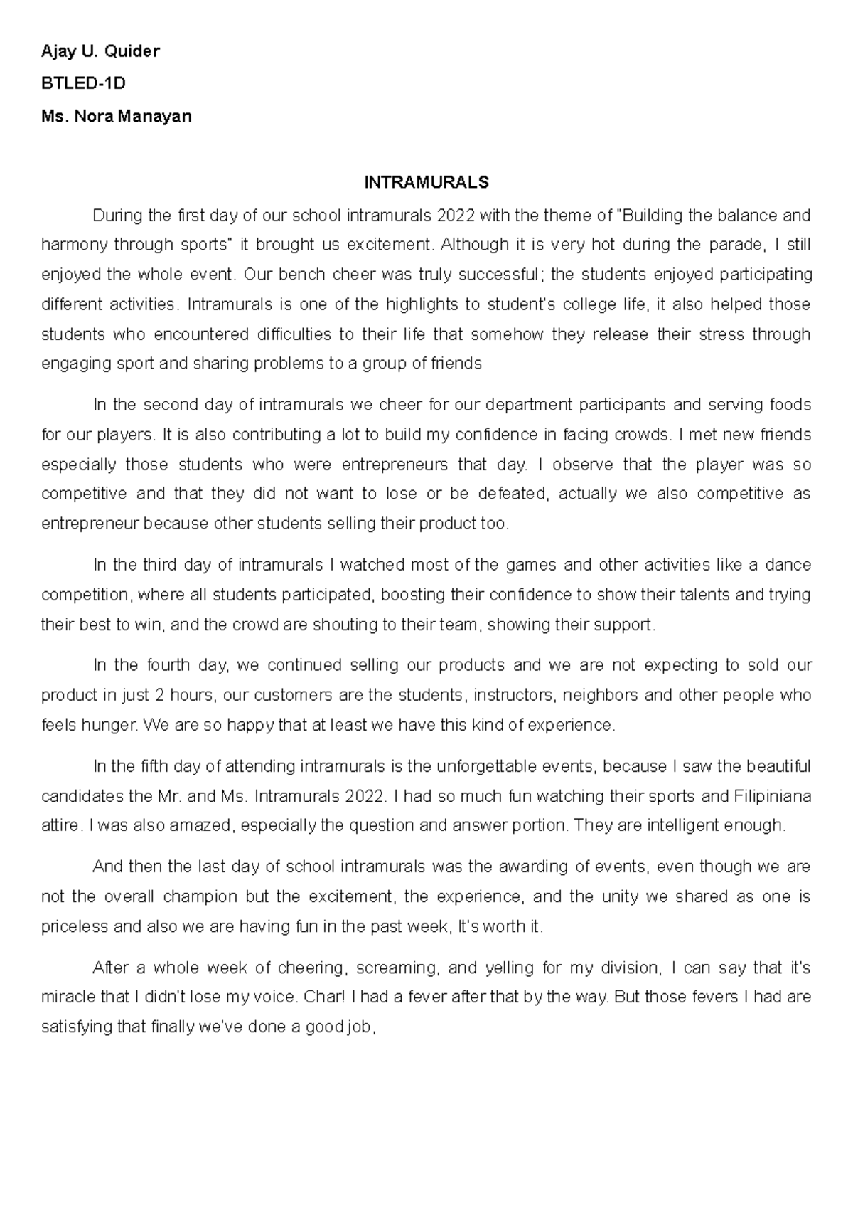 Ajay U reflection - None - Ajay U. Quider BTLED-1D Ms. Nora Manayan ...