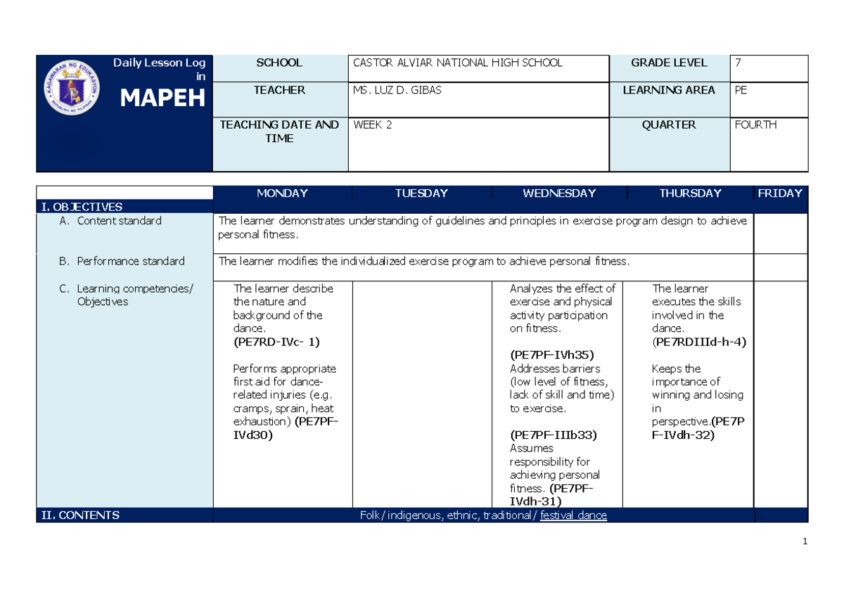DLL PE 7 Q4 (WEEK 1) - weekly lesson plan - MONDAY TUESDAY WEDNESDAY ...