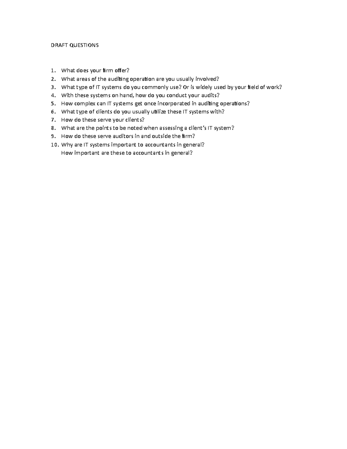 Draft Questions on basic accounting - DRAFT QUESTIONS What does your ...