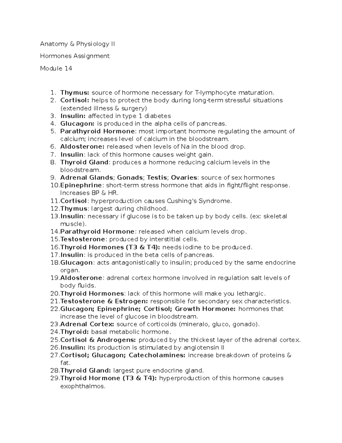 AP2 Hormone Assignment - Anatomy & Physiology II Hormones Assignment ...