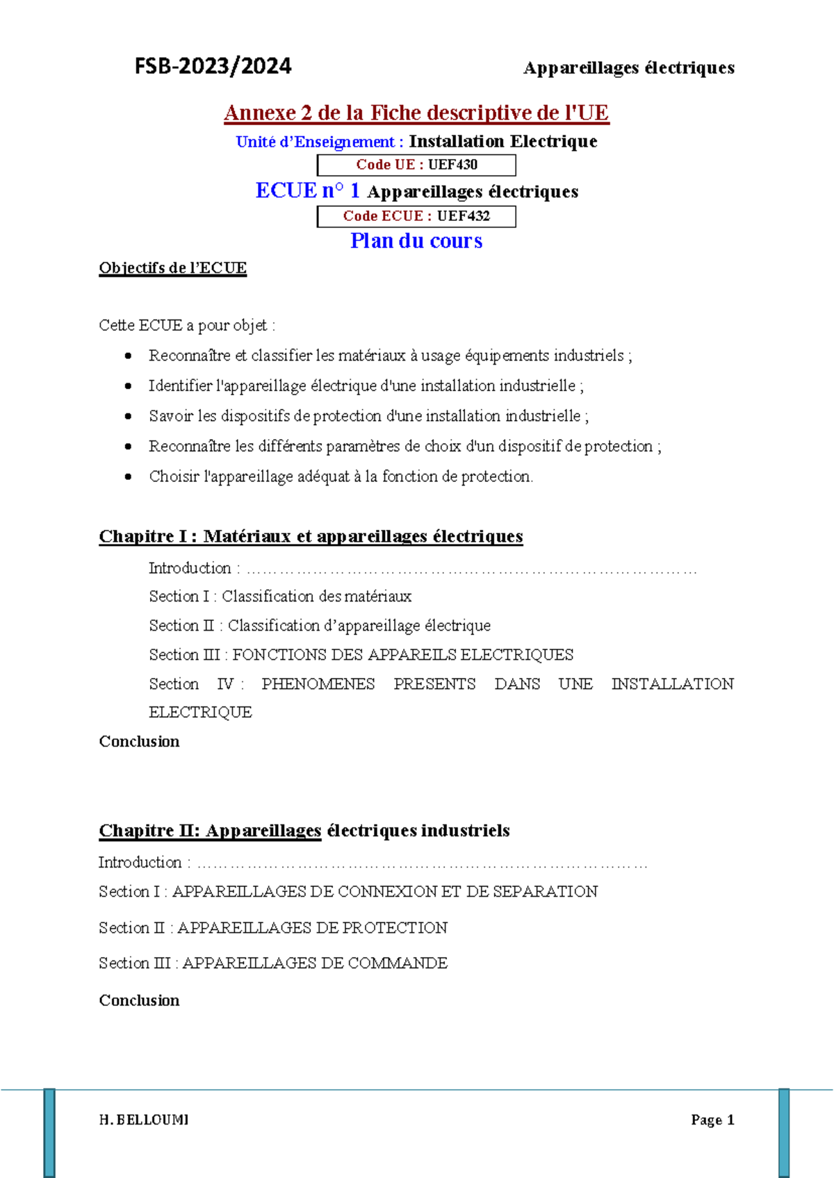 Chap-1-appareillages - Annexe 2 de la Fiche descriptive de l'UE Unité d ...