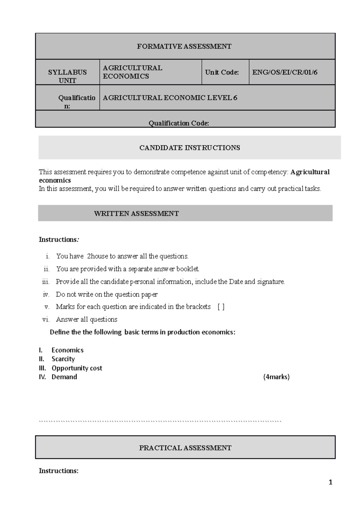 Assment tool - notes - FORMATIVE ASSESSMENT SYLLABUS UNIT AGRICULTURAL ...
