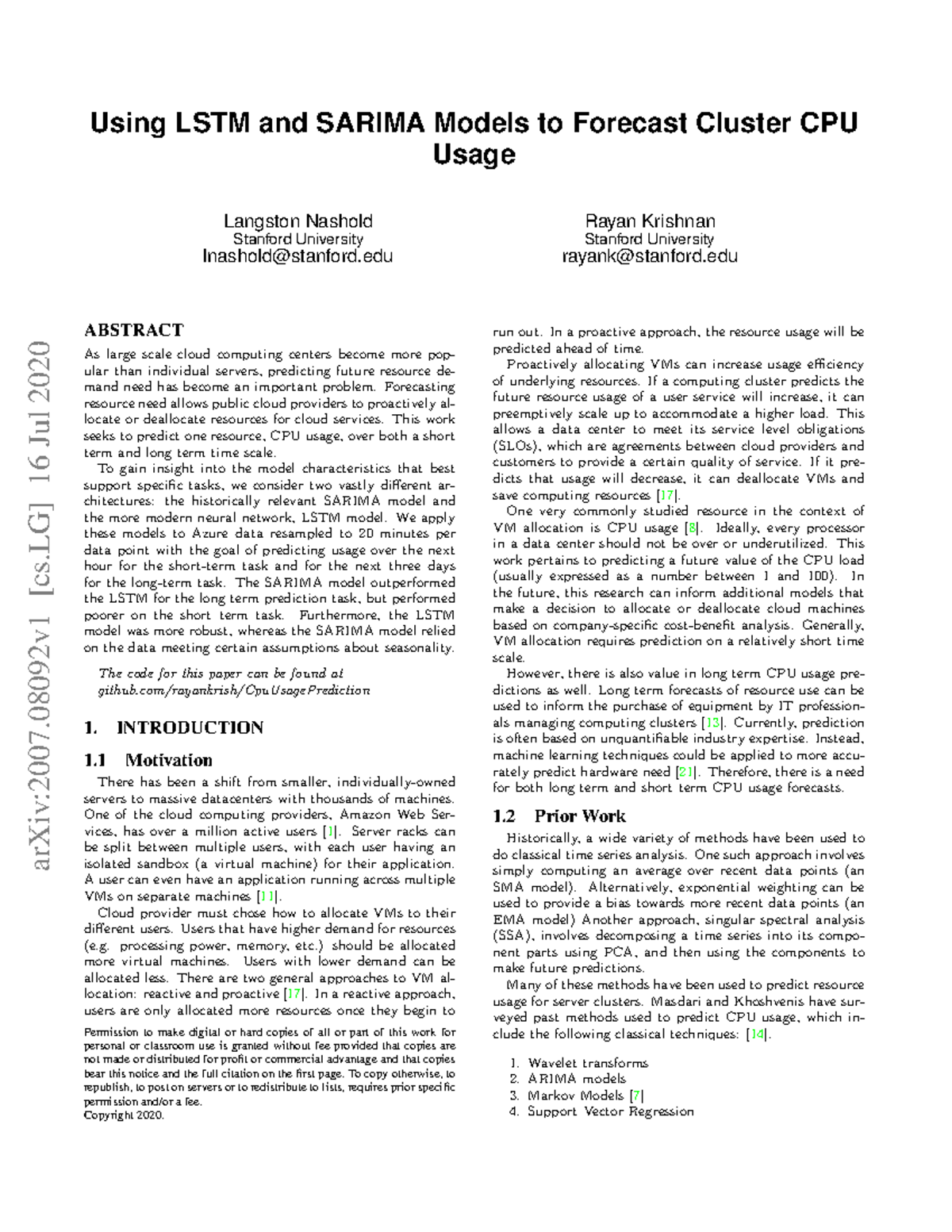 Using LSTM and Sarima Models to Forecast Cluster CPU Usage - Using LSTM and SARIMA Models to ...