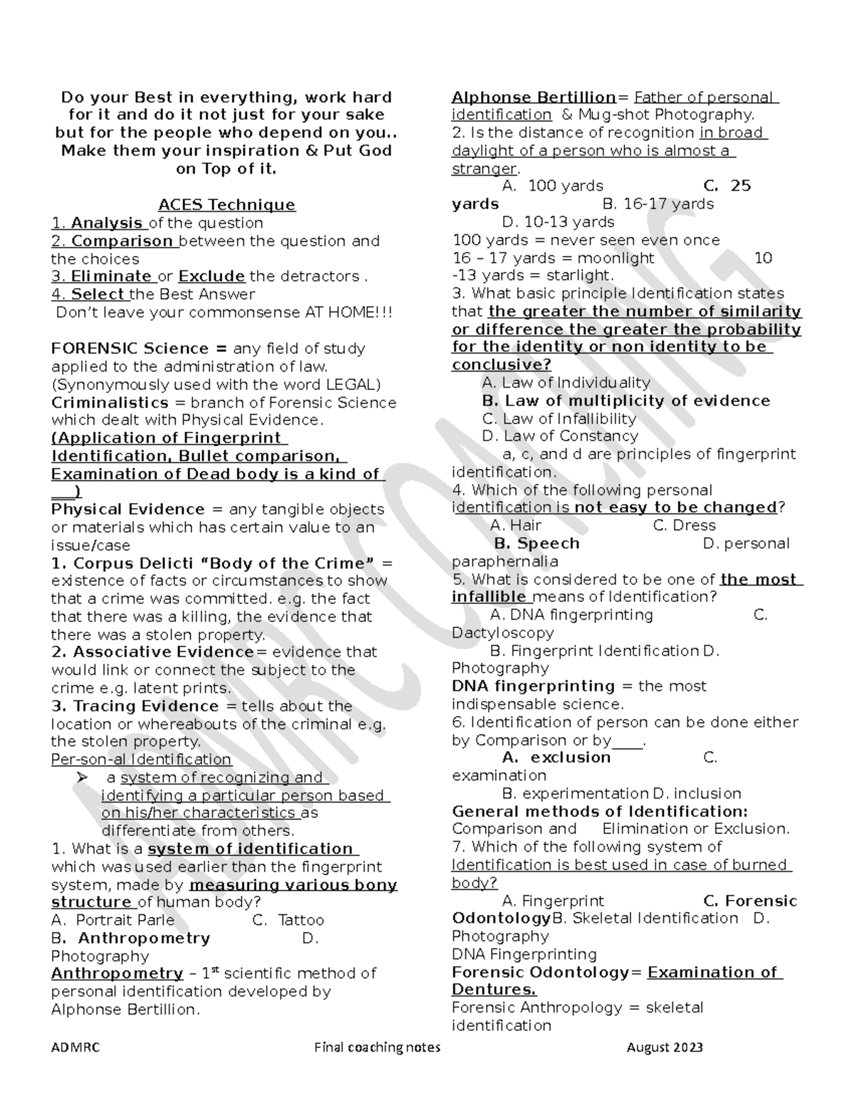 Forensic Science final coaching - Do your Best in everything, work hard ...