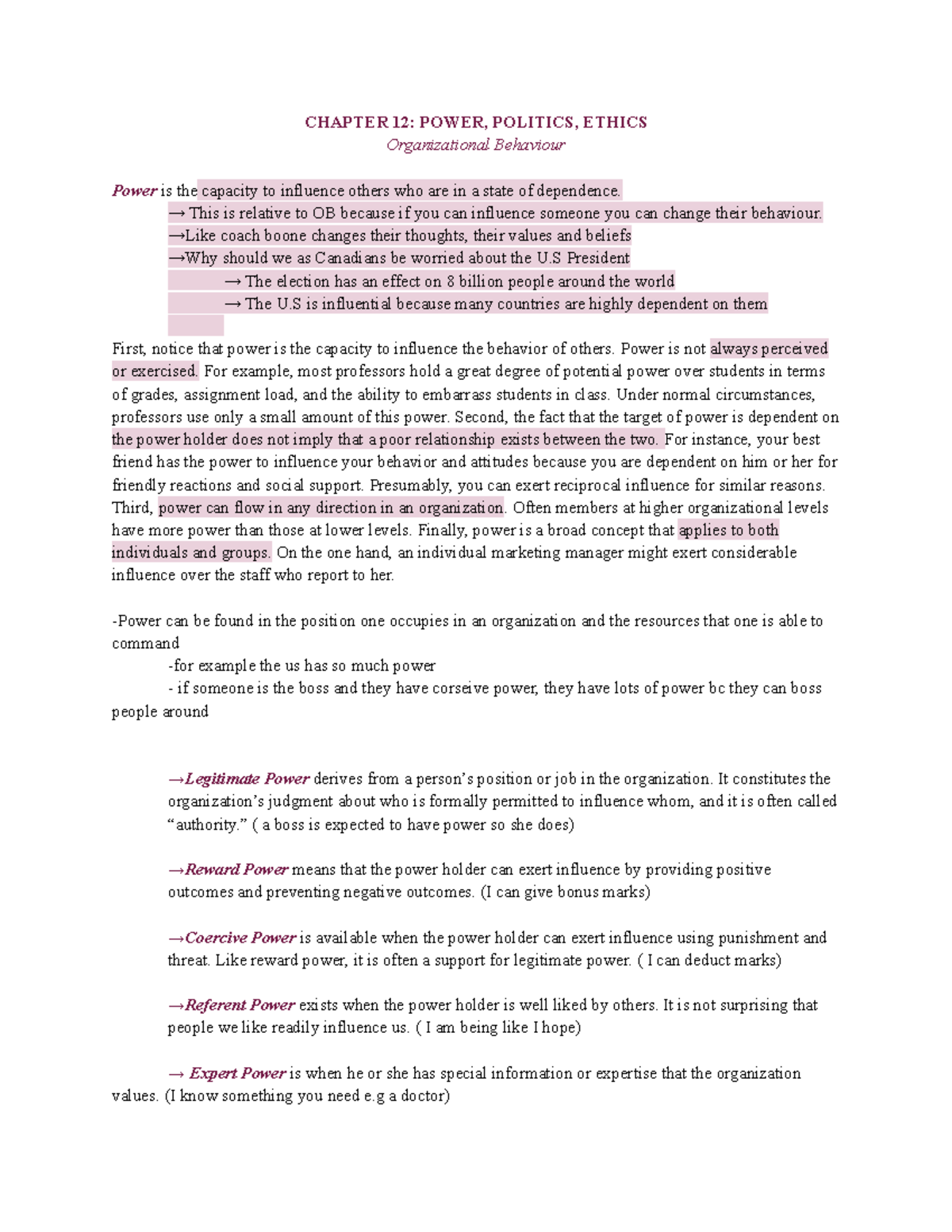 Chapter 12: Power, Politics and Ethics - CHAPTER 12: POWER, POLITICS, ETHICS Organizational ...