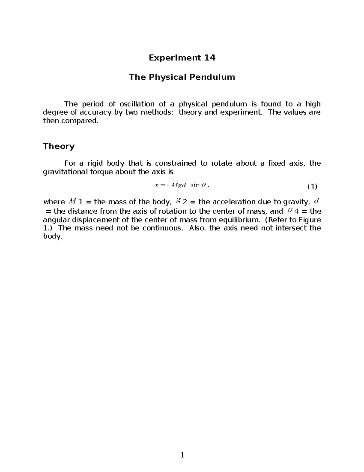 PHys 21 Physical pendulum - Experiment 14 The Physical Pendulum The ...