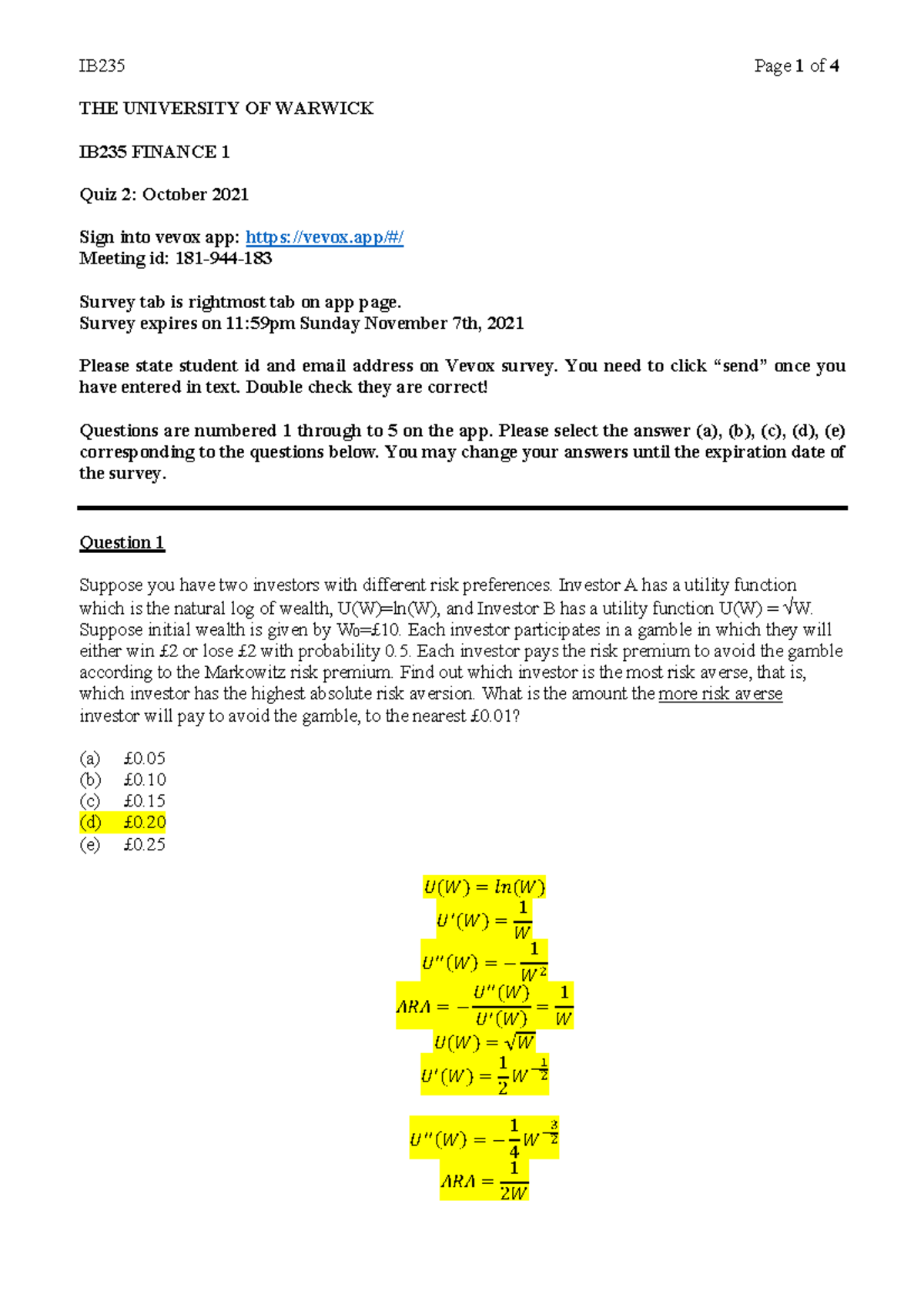 IB235 Quiz2 Solutions - Answers for Quiz 2 - THE UNIVERSITY OF WARWICK IB235 FINANCE 1 Quiz 2 ...