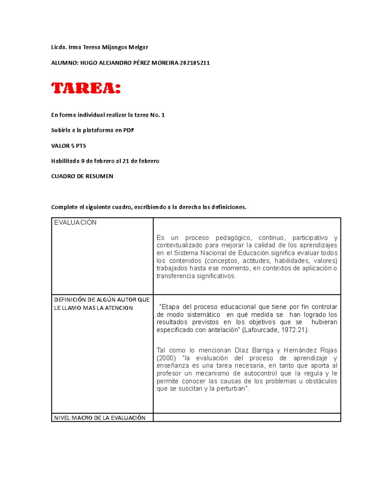 Tarea No 1 evaluacion 23 - Licda. Irma Teresa Mijangos Melgar ALUMNO: HUGO ALEJANDRO PÉREZ ...