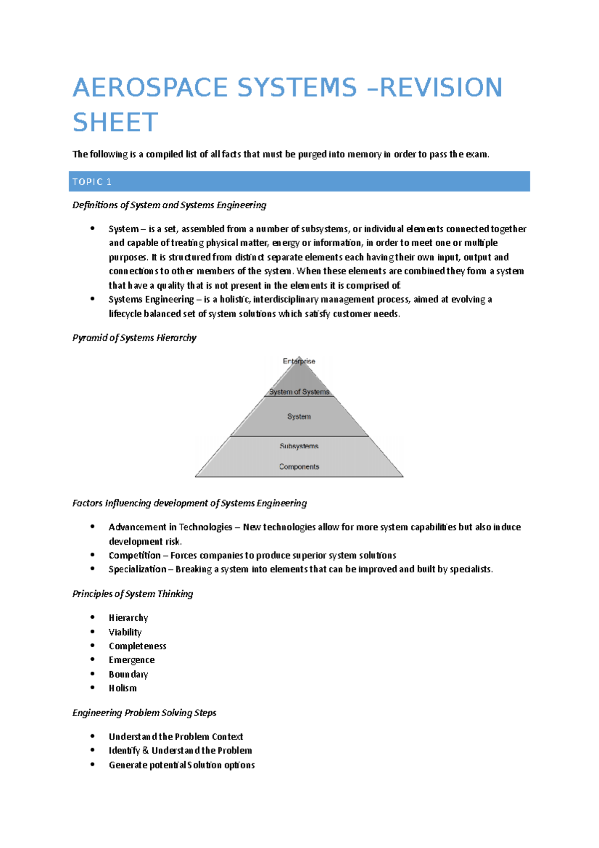 Aerospace Systems Lecture Summary - AEROSPACE SYSTEMS –REVISION SHEET ...