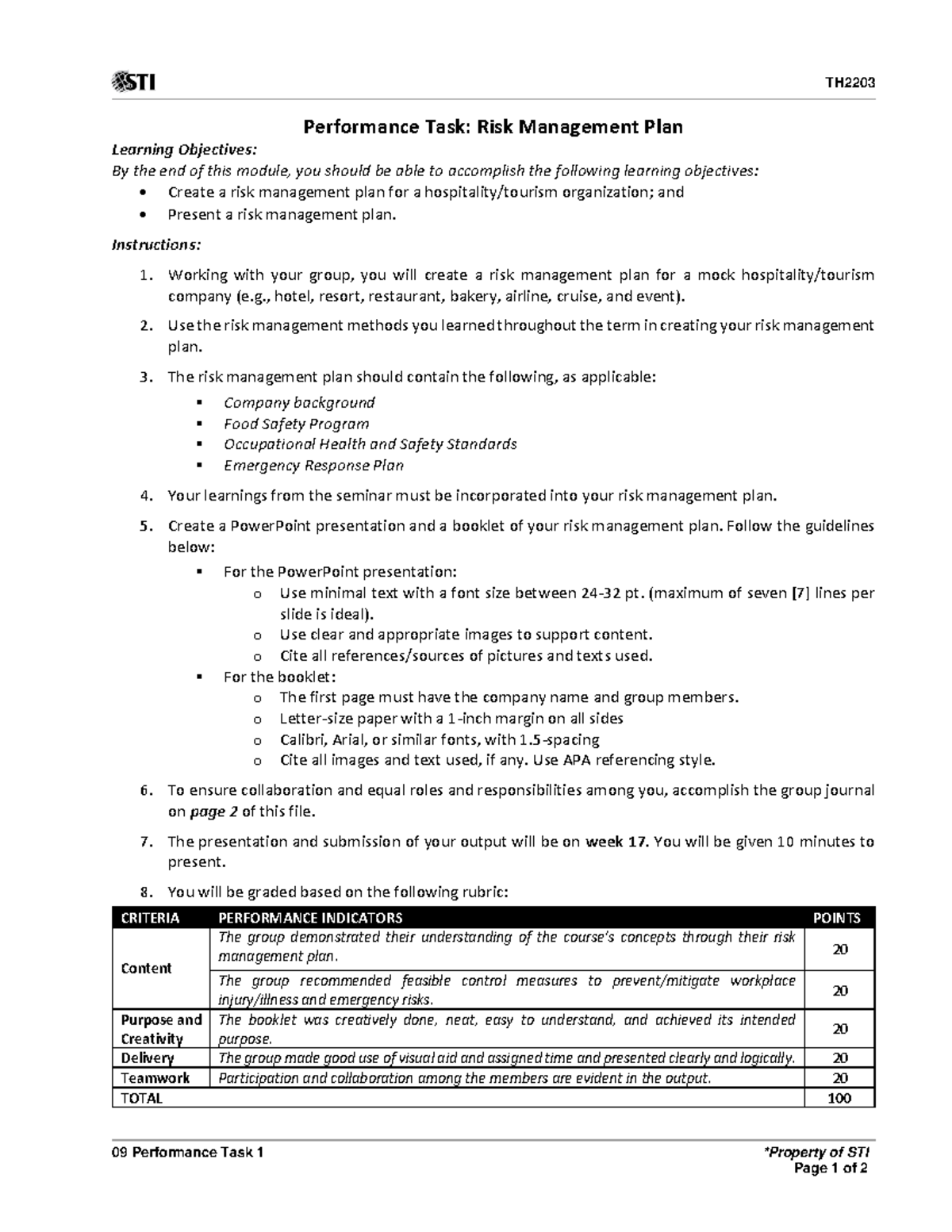 09 Performance Task 1-risk - TH 09 Performance Task 1 *Property of STI ...