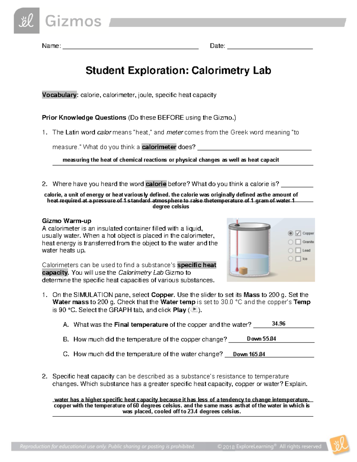 Calorimetry Lab - Chemistry lab gr 12 - Name ...