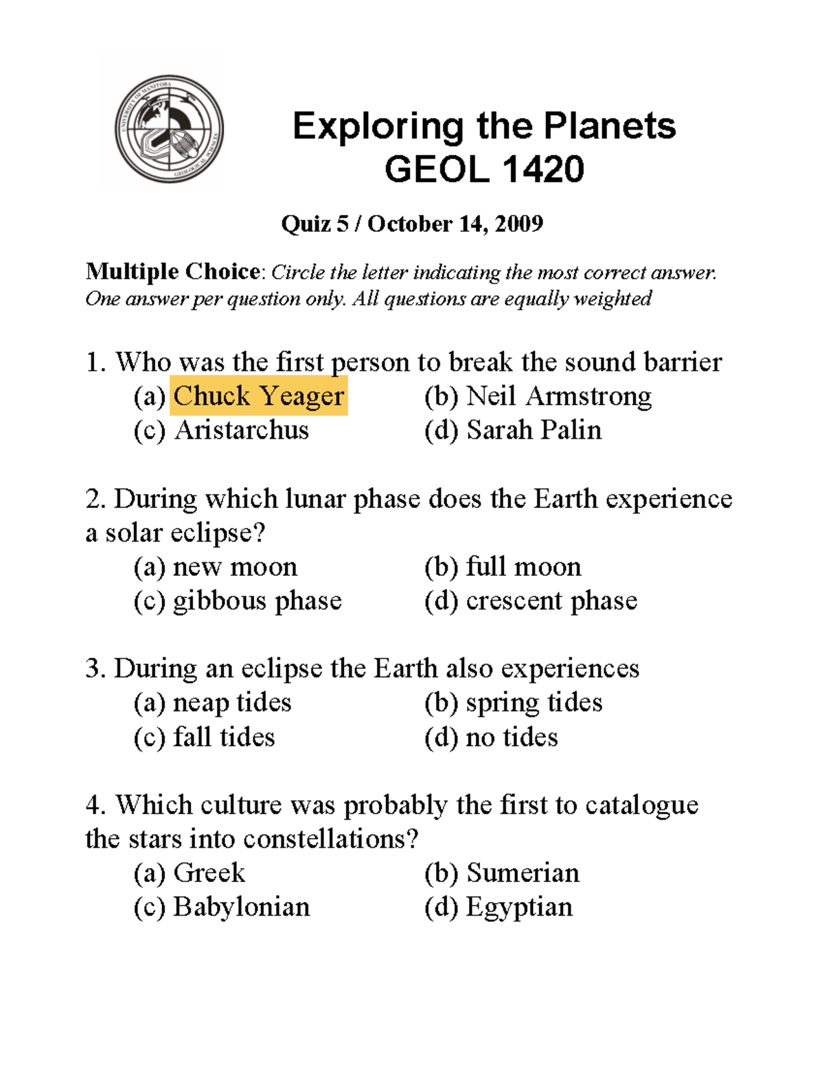 Quiz Five - gang - Exploring the Planets GEOL 1420 Quiz 5 / October 14 ...
