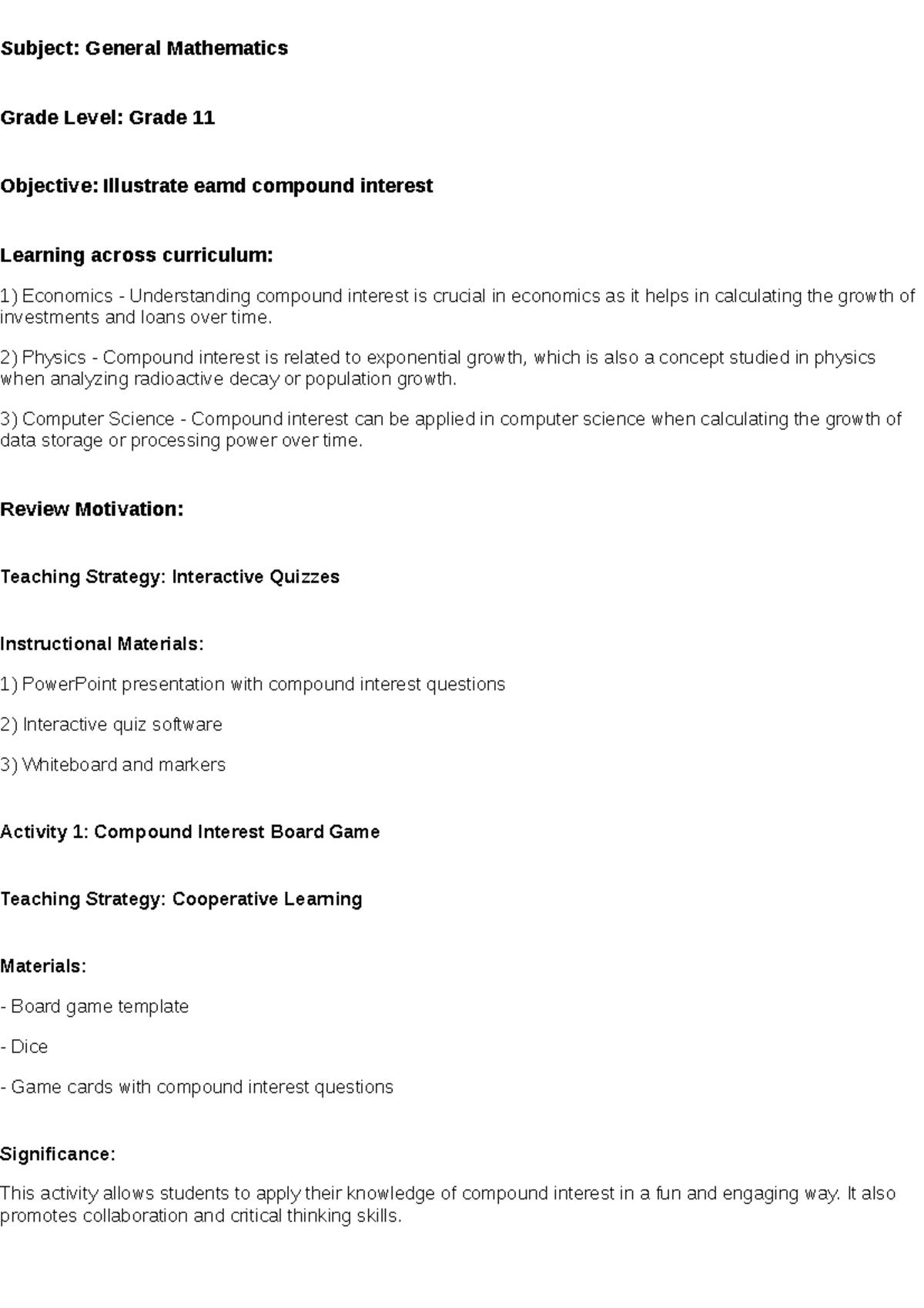 Lesson plan - Subject: General Mathematics Grade Level: Grade 11 ...