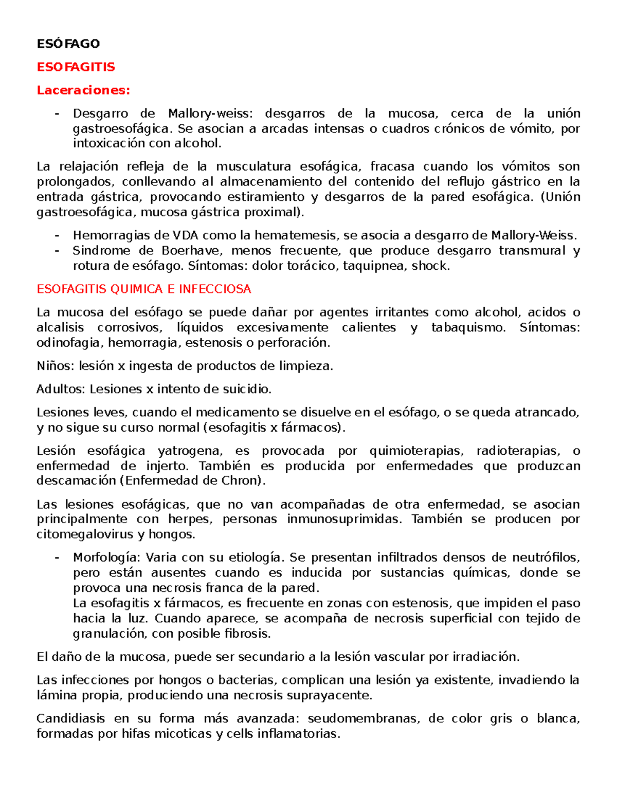 Resumen PATO - Apuntes 1 - ESÓFAGO ESOFAGITIS Laceraciones: Desgarro de ...