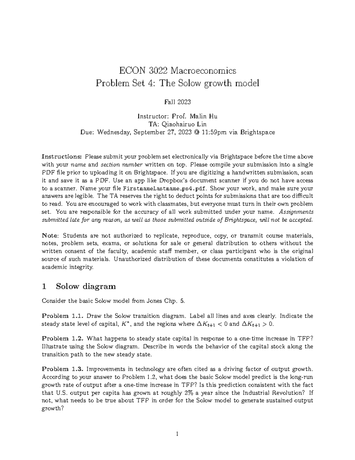 Econ3022 Ps4 Solow Growth Model Problemset Econ 3022 Macroeconomics Problem Set 4 The Solow 