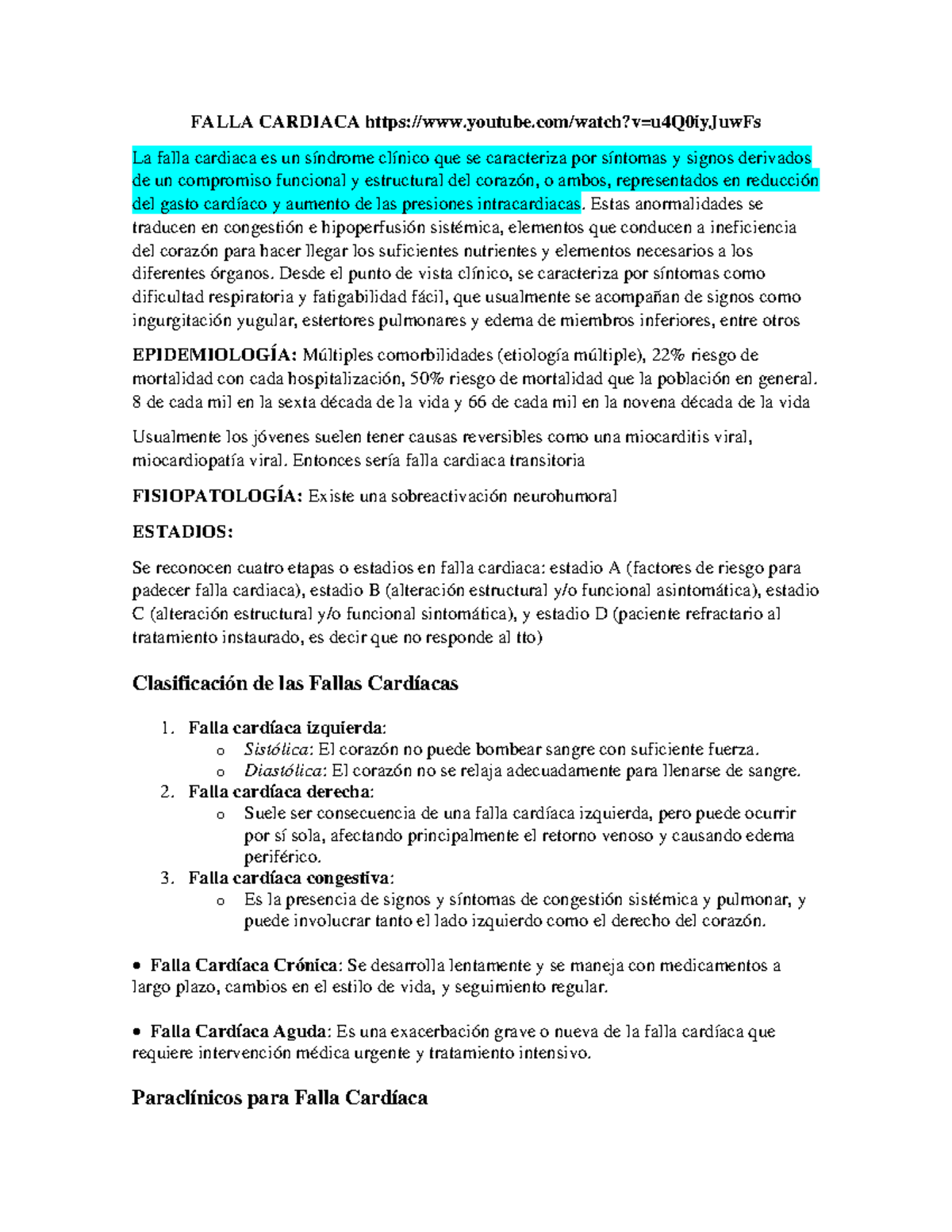 Falla Cardiaca - APUNTES - FALLA CARDIACA youtube/watch?v=u4Q0iyJuwFs ...