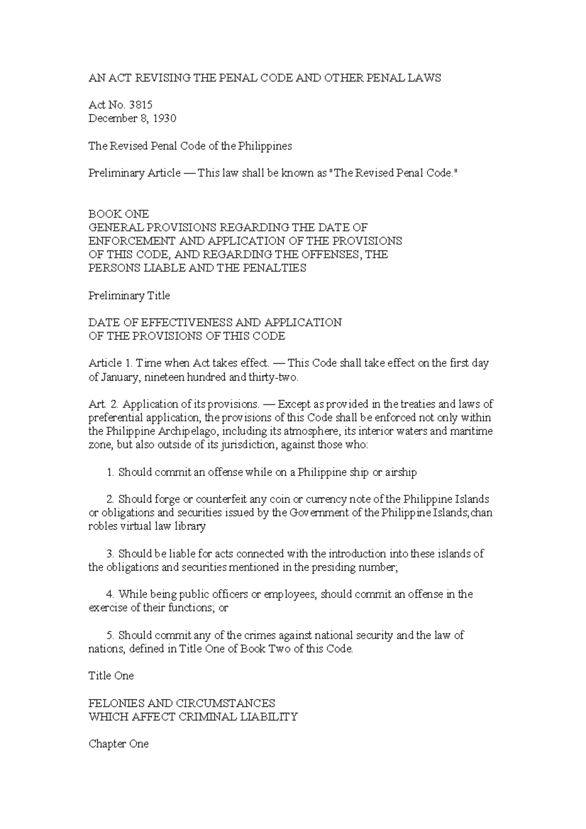 Revised Penal CODE None AN ACT REVISING THE PENAL CODE AND OTHER