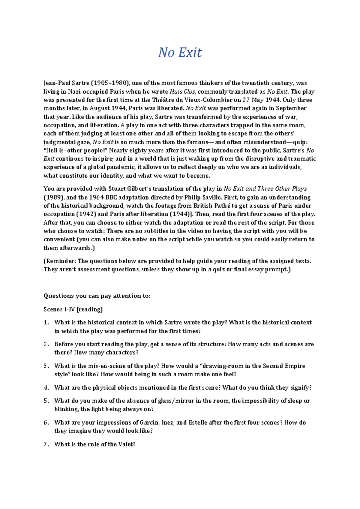 4 JP Sartre - No Exit - No Exit Jean-Paul Sartre (1905–1980), one of ...