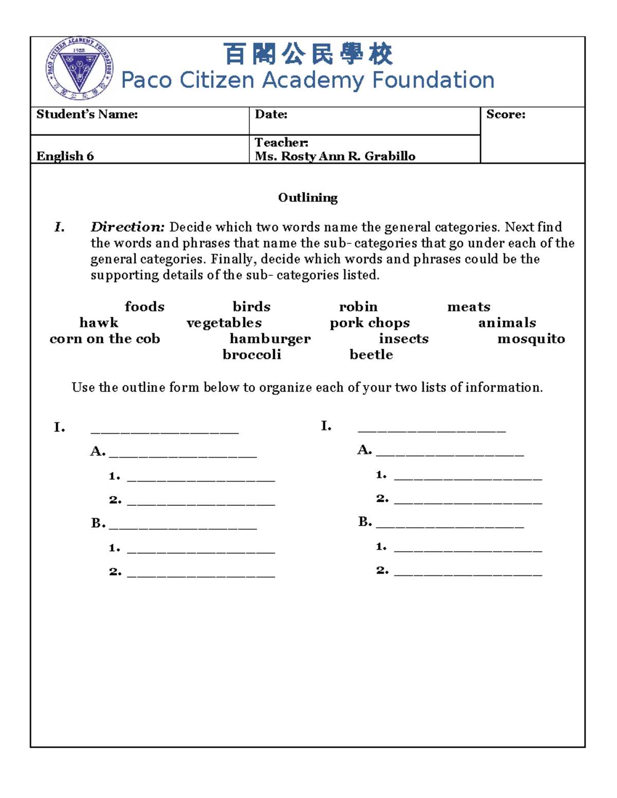 Outlining Grade 6 - Practice exercise - 百 閣 公 民 學 校 Paco Citizen ...