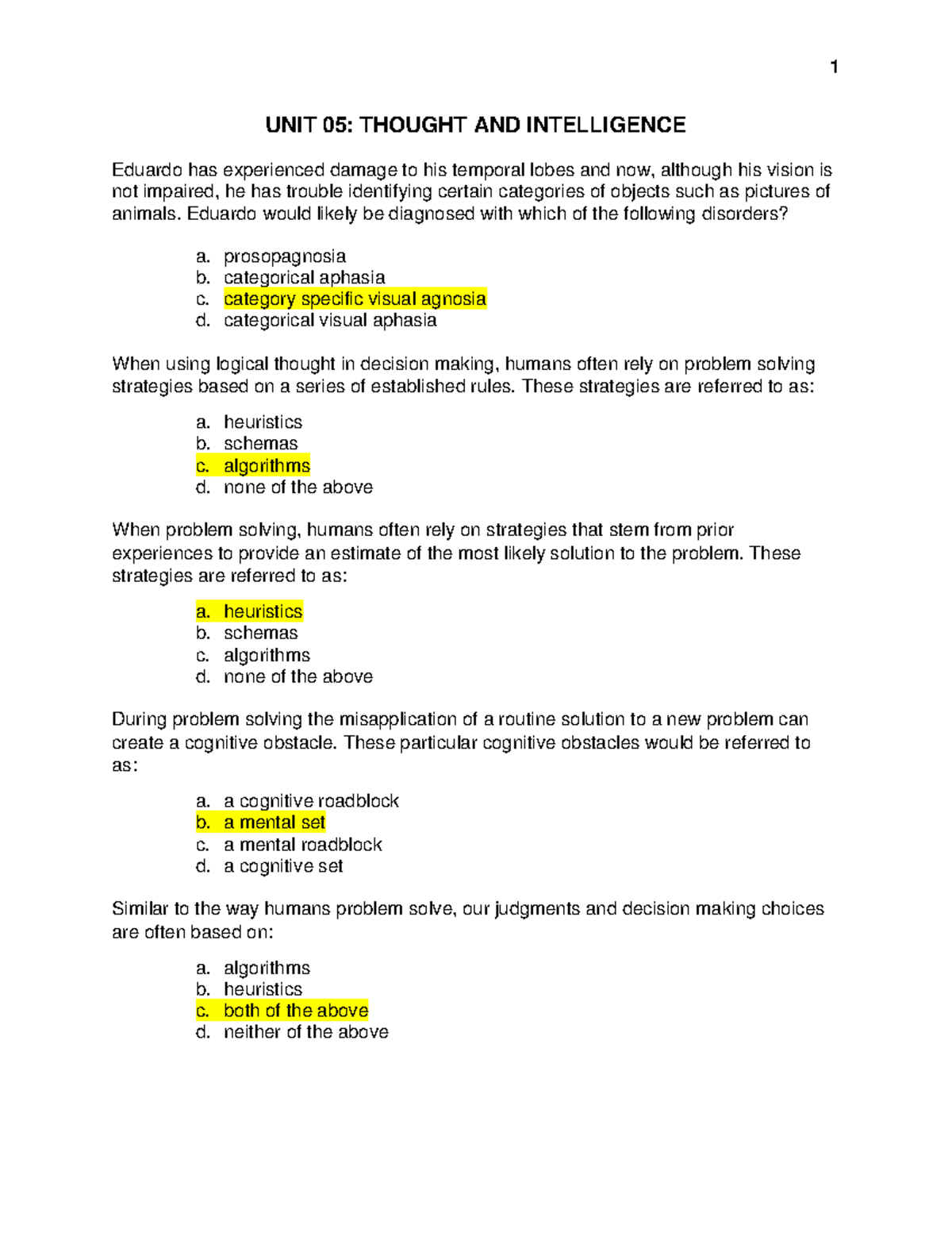 Midterm 02 Practice Questions With Answers Highlighted - UNIT 05: THOUGHT AND INTELLIGENCE ...
