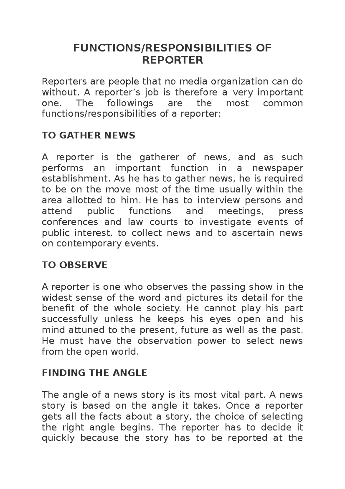 Functions OF A Reporter 1 FUNCTIONS RESPONSIBILITIES OF REPORTER Functions OF A Reporter 1 FUNCTIONS RESPONSIBILITIES OF REPORTER